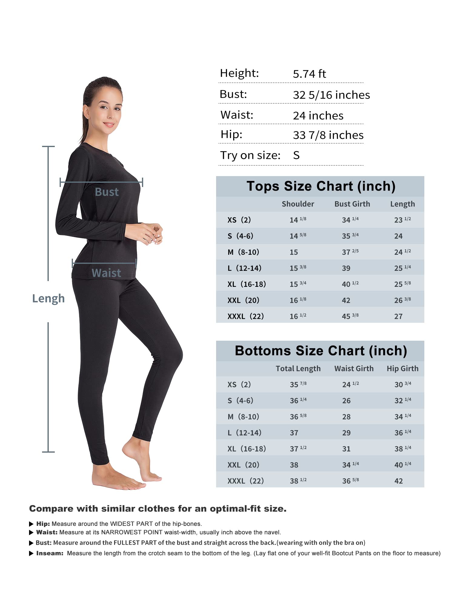Subuteay Thermal Underwear for Women Long Johns Top & Bottom Fleece Lined Base Layer Leggings Set Black S