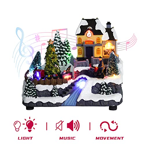 Skyant Christmas Village Houses with LED Lights, Train Spinning Under The Christmas Tree, Fiber Optic River, Realistic Christmas Scene,Music Rendering Atmosphere