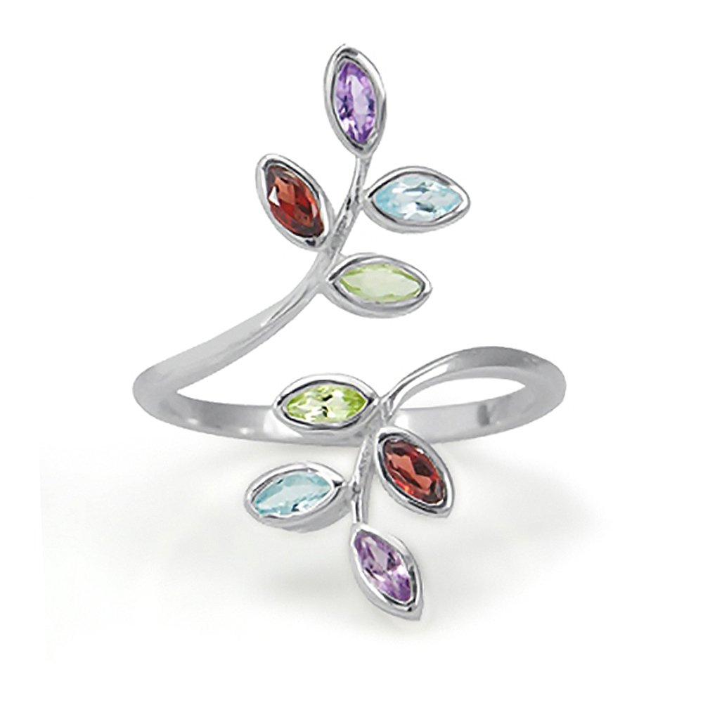 Silvershake Genuine Blue Topaz Amethyst Garnet and Peridot 925 Sterling Silver Delicate Leaf Adjustable Ring Size 6