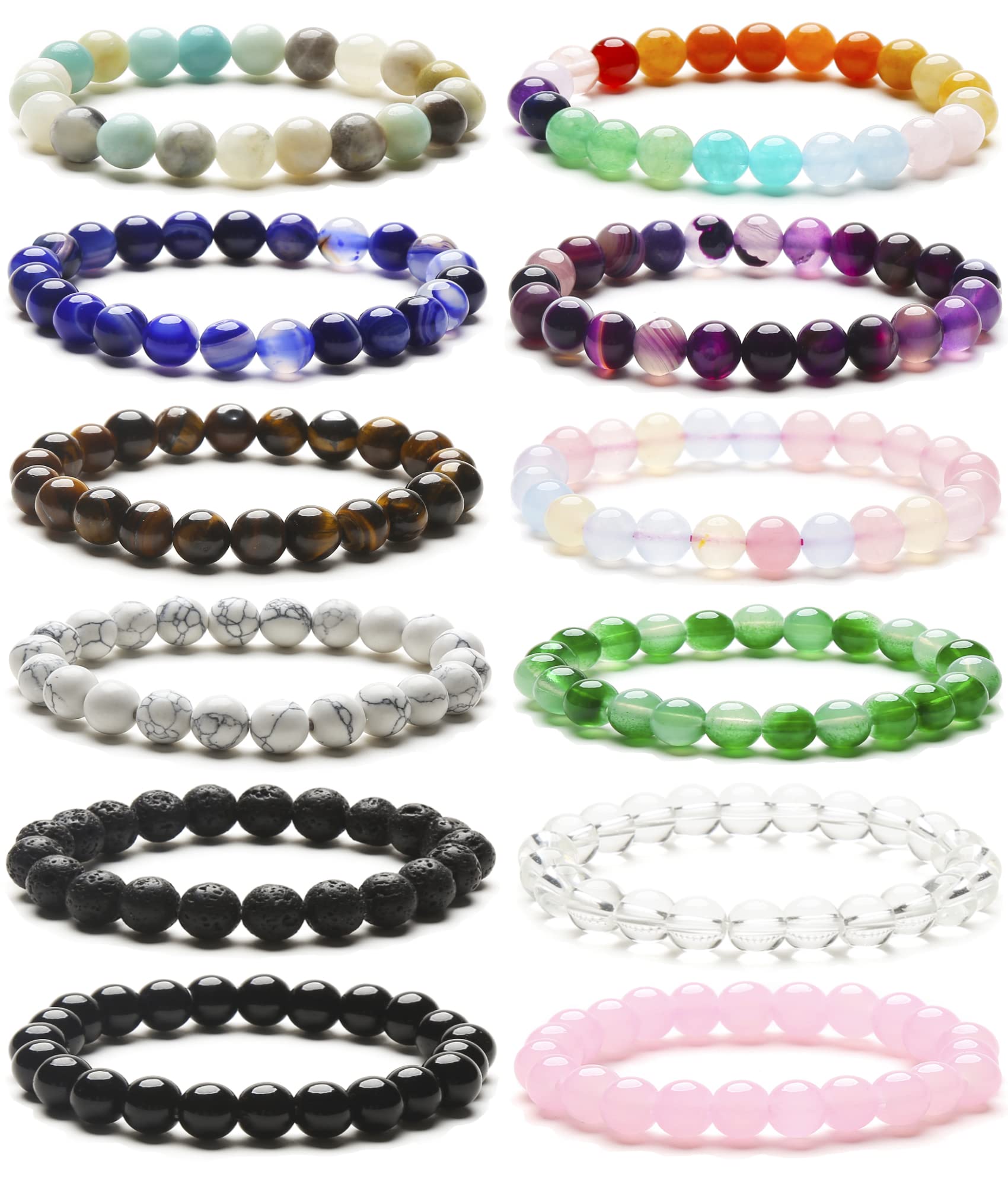 Wremily 12 Pcs Crystal Beaded Bracelet for Women Natural Stone Tiger Eye Quartz Chakra Stretch Bracelet 8MM