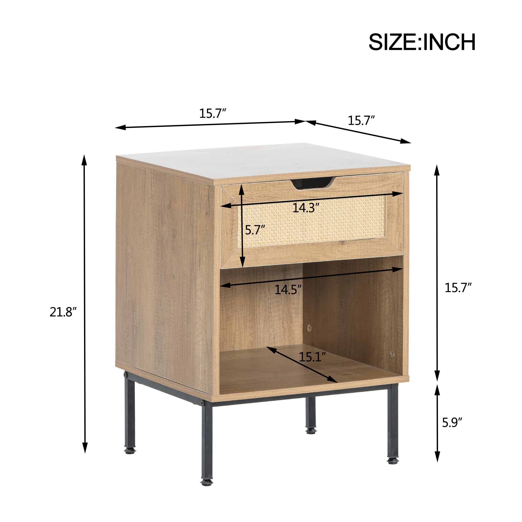 Rattan Nightstand Set of 2 Farmhouse 2 Layer Side Table Wood End Table Multifunction Bedside Table with Drawer & Adjustable Metal Legs for Bedroom Living Room