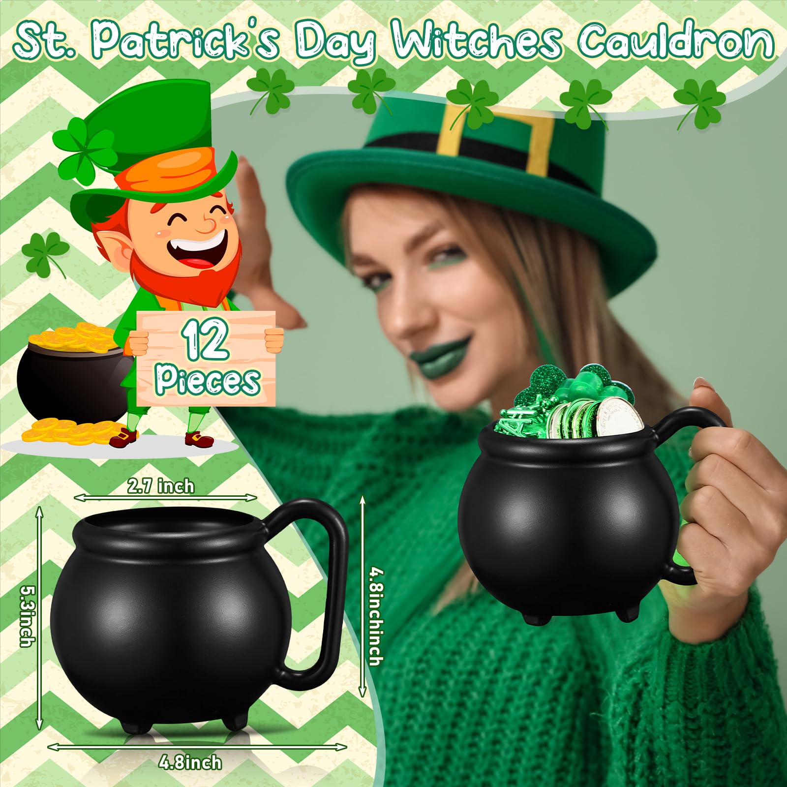 Uiifan 12 Pcs 15 oz St. Patrick's Day Cauldron Cups Cauldron Pot Cups for Drinks Plastic St Patricks Day Cauldron Mug for Party Gift Supplies (Black)