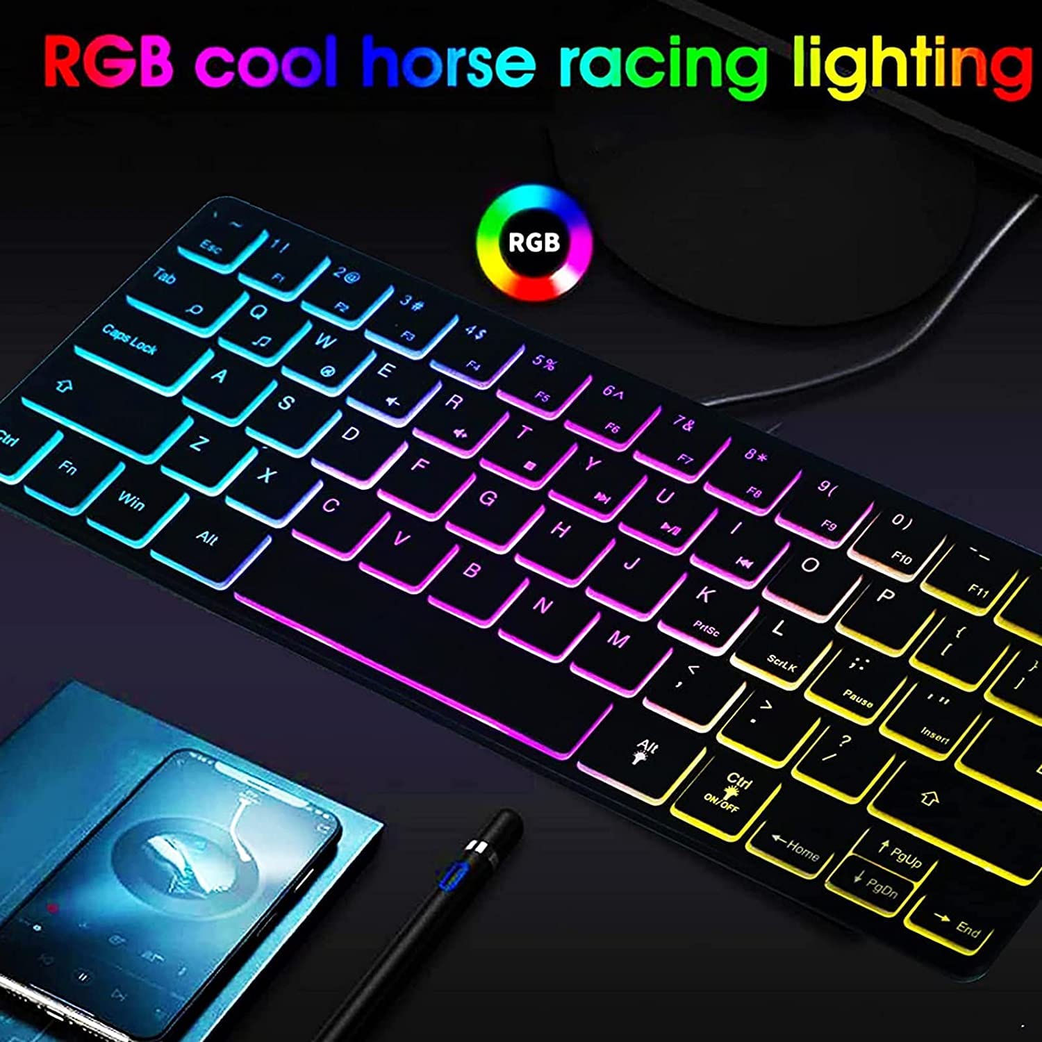 WREWING Gaming Keyboard 60 Percent, 64 Keys Compact Mini Ultra Thin Portable Wired Keyboard with Silent Click RGB Backlit Ergonomic Stand, for Gamers Office Mac Windows PC Laptop (Black)