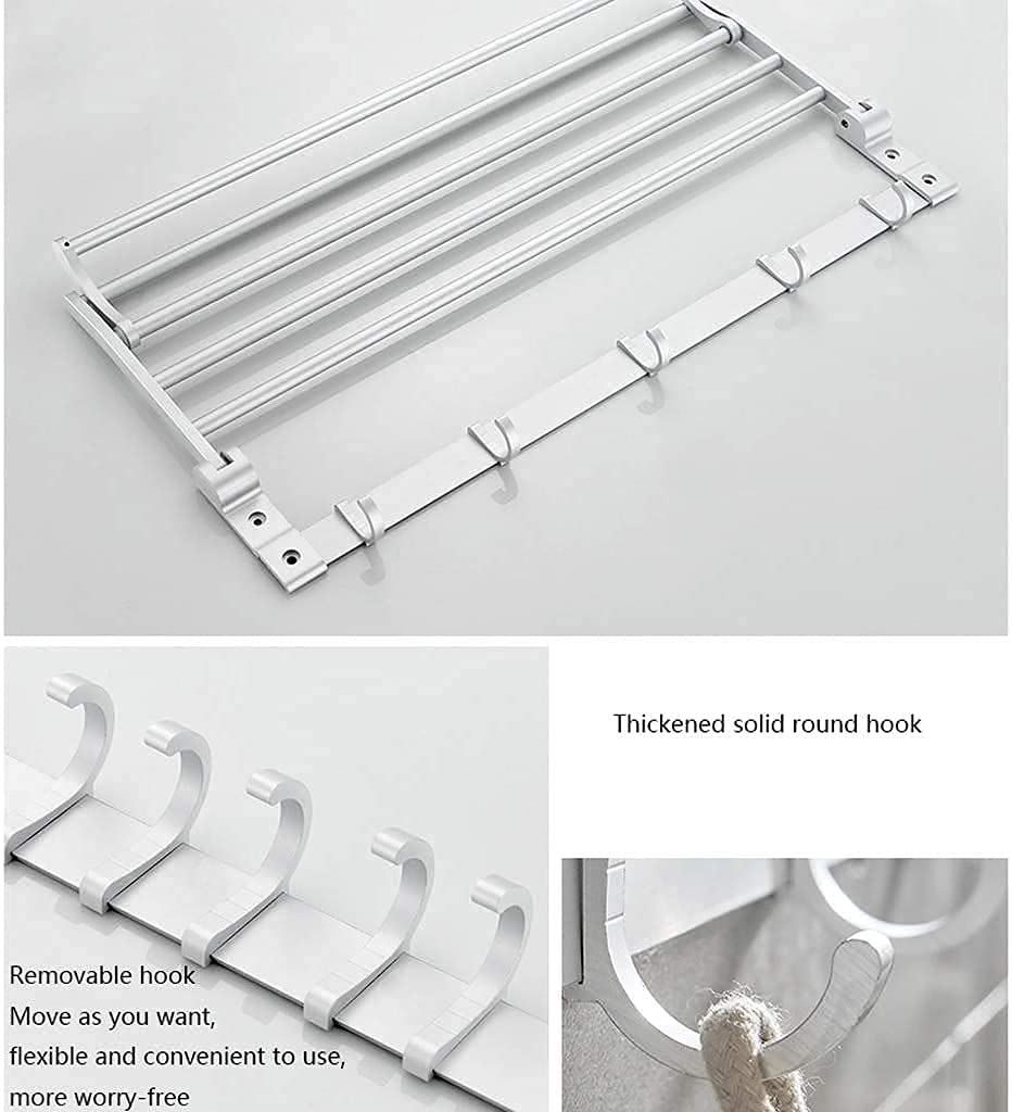 RAUGAJ Towel Rack Towel Rails Wall Bathroom Stand Towel Bar Aluminum Towel Rack Foldable Towel Holder Mounted Storage Shelf with 5 Movable Hooks Bathroom Towel Shelf/50Cm