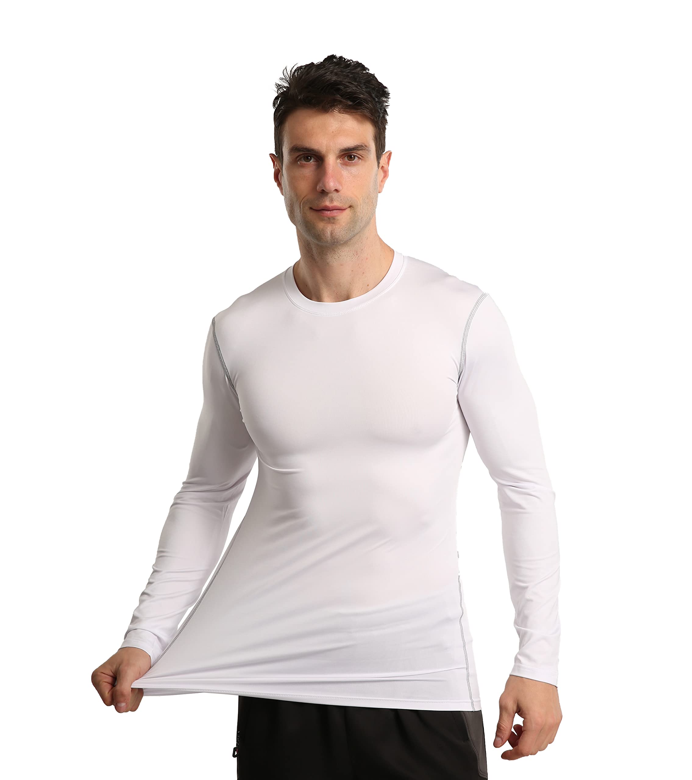 Sanke, 3 Pack Mens Compression Shirt Long Sleeve UV Protection Cooling Dry Fit Shirts Workout Baseball Undershirt, 3 Pack: White, Large