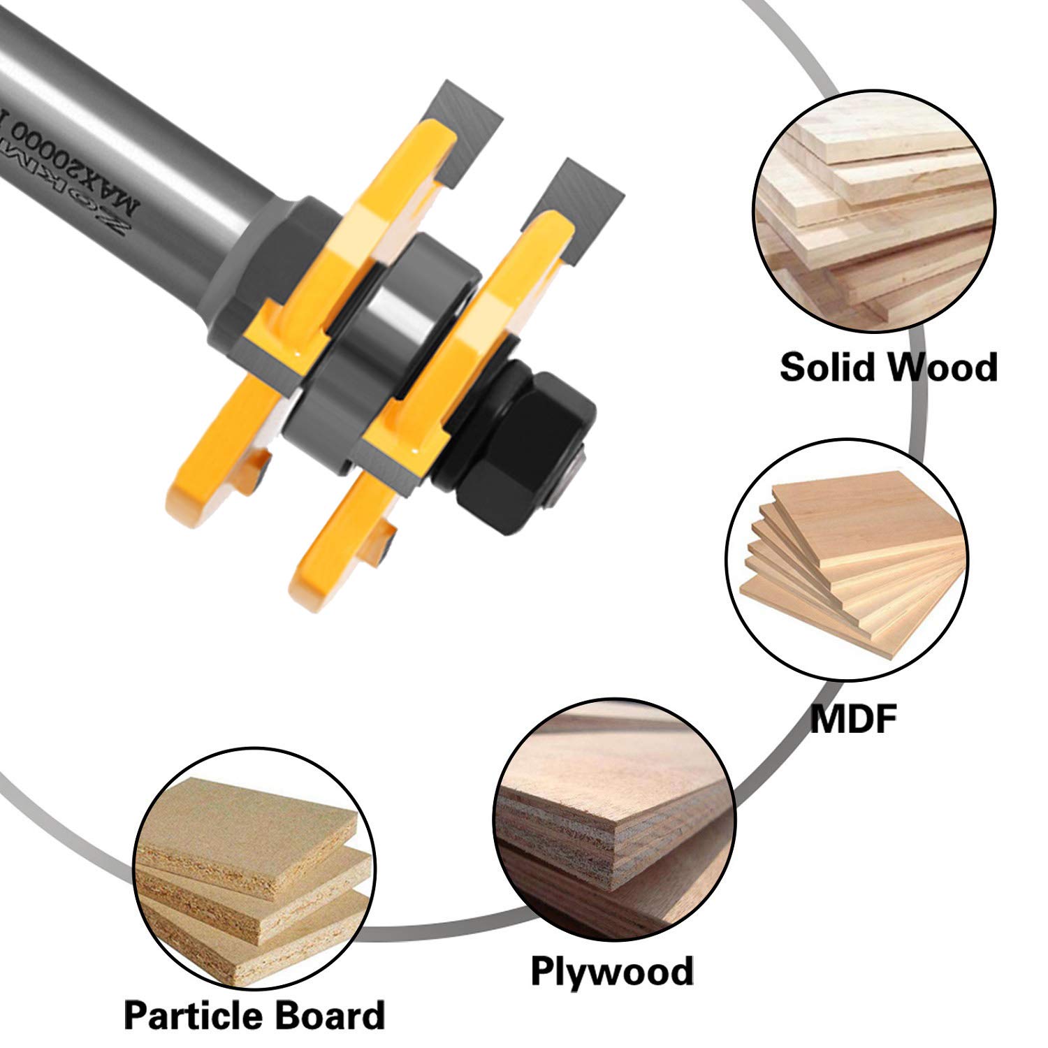 Tongue and Groove Router Bits Set, ZOKMOK Plus 3 Teeth Adjustable T Shape Router Bits Set, 1/2'' Shank, 1/4'' Cutter