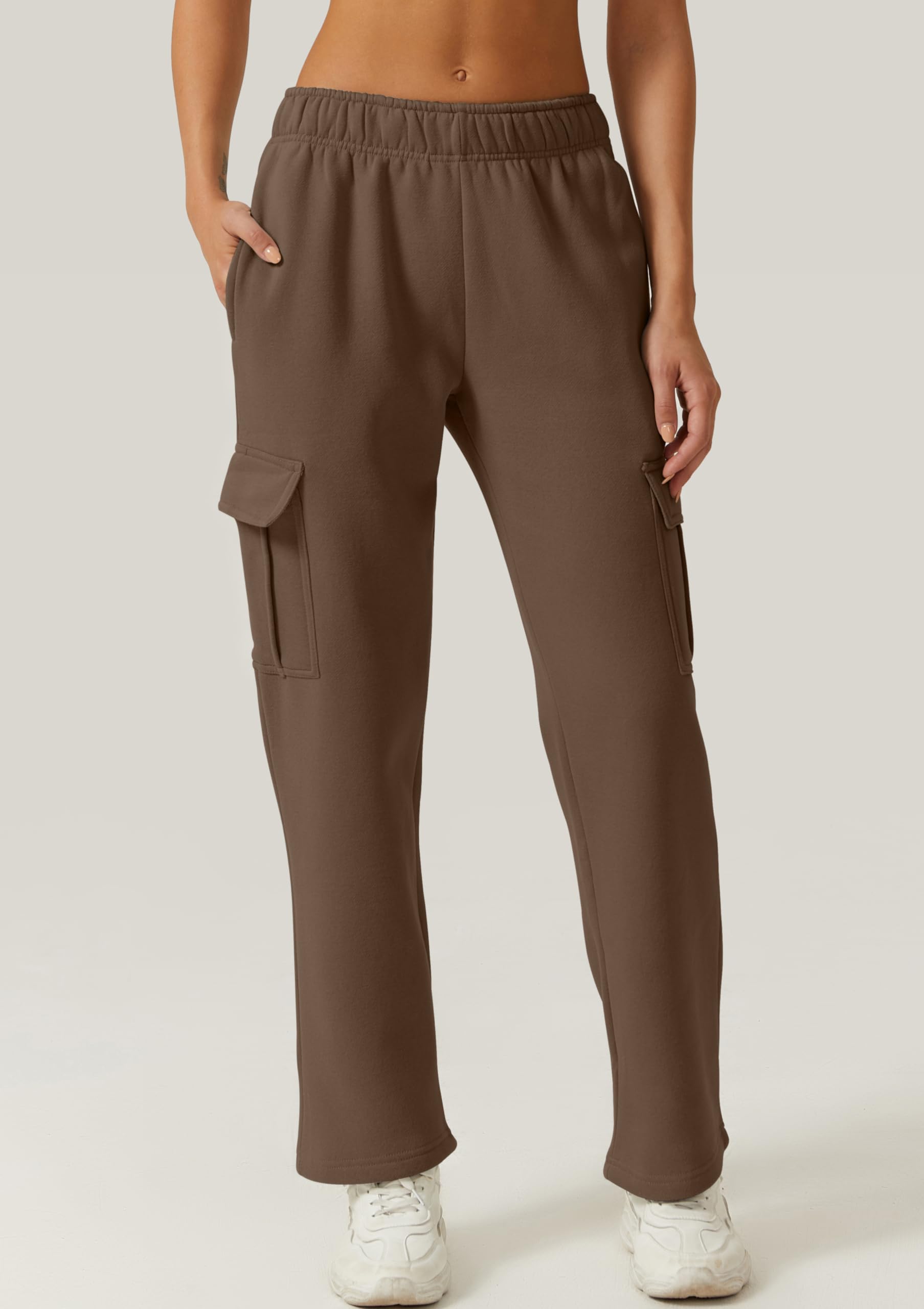 QINSEN Medium Waist Sweatpants for Women Baggy Fit Casual Long Pocket Cargo Pants Brown S