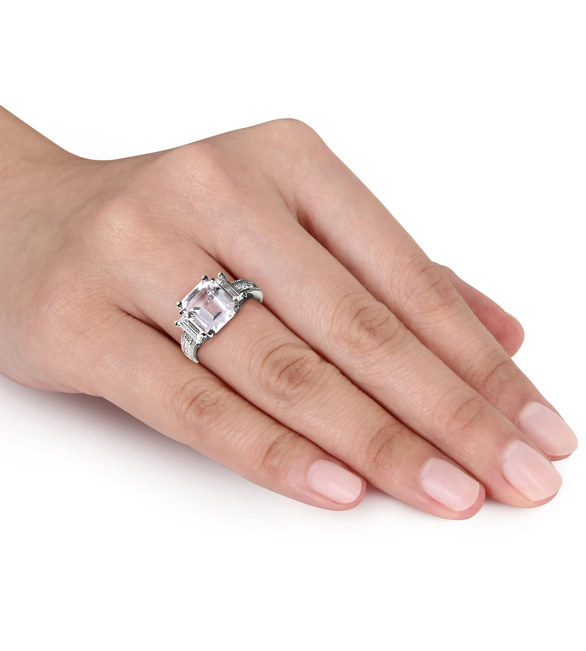 Samie Collection Emerald Cut CZ & Baguette Cubic Zirconia 3 Stone Engagement Rings for Women, Wedding Ring Band in White Gold Plating, Size 5-10