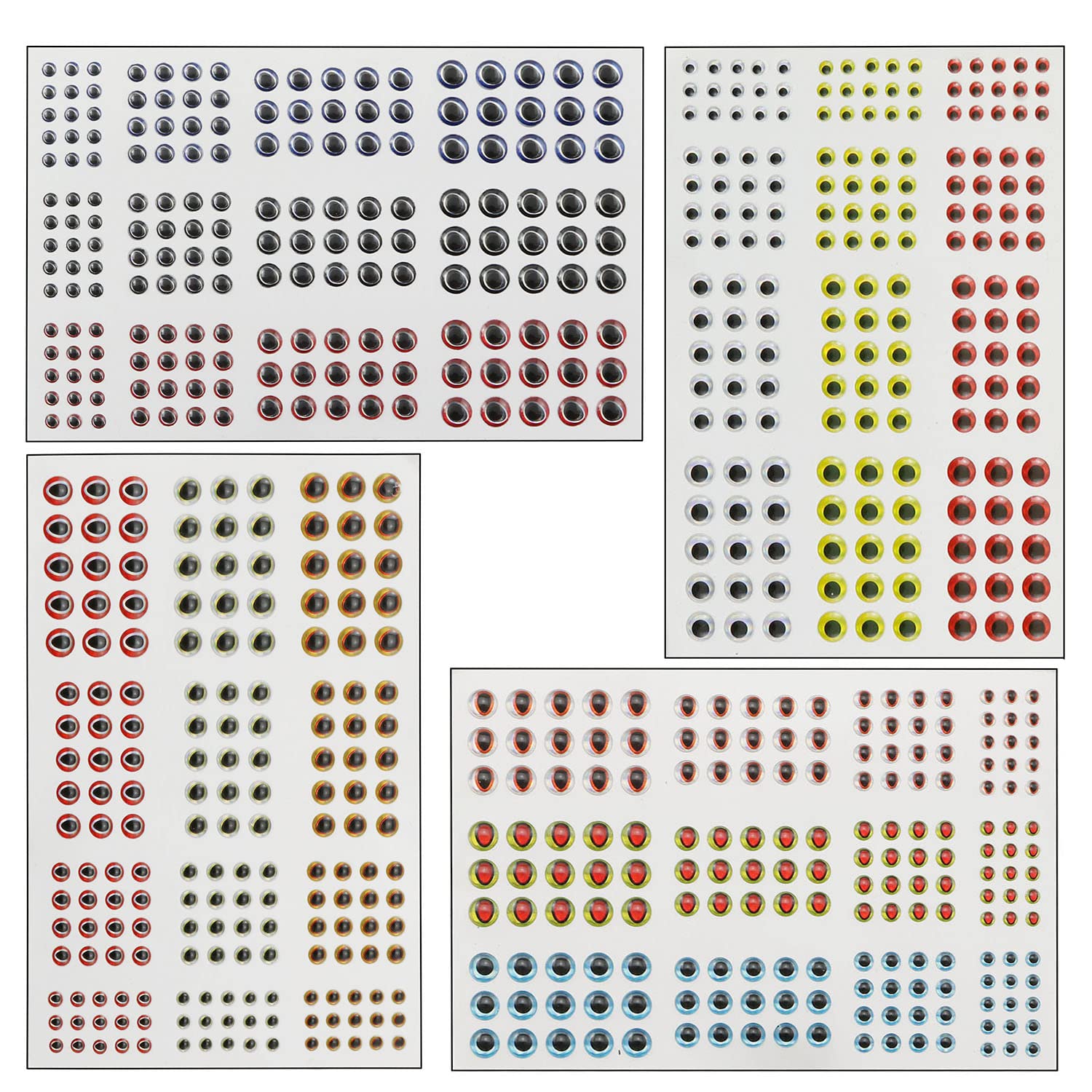 WHYHKJ Fishing Lure Eye 4 Sheets 3D Simulation Fishing Lure Eyes Fish Eyes Fly Tying Materials Artificial Fish DIY Eye Fishing Tackle (3mm 180pcs, 4mm 192pcs, 5mm 180pcs, 6mm 180pcs)