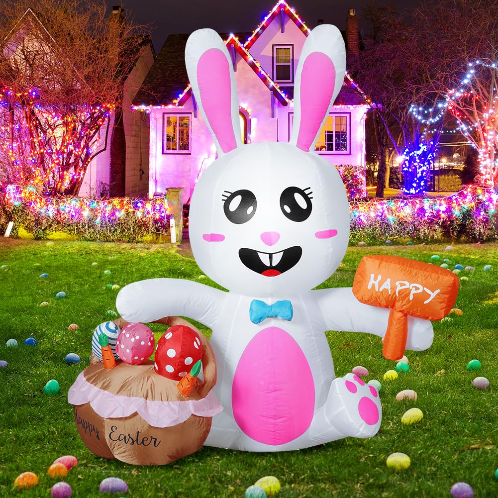 Ukontagood 5 FT Easter Inflatables, Cute Bunny Outdoor Decorations, Bunny and Eggs Blow up with Built-in LED Lights for Easter Indoor Outdoor Yard Garden Lawn Decor (Halloween Ghost)
