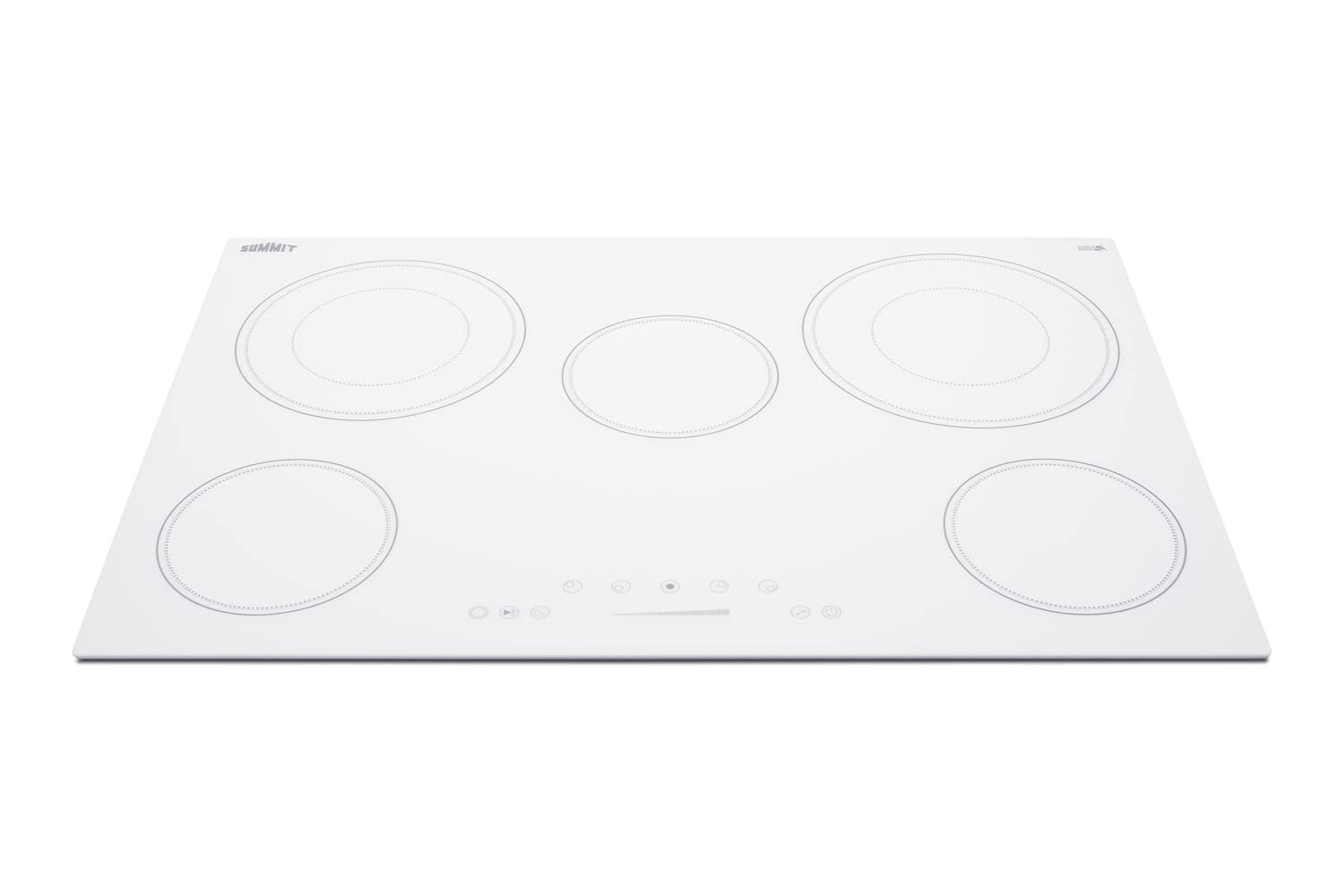 Summit Appliance CR5B30T8W 30" Wide 5-Burner Radiant Cooktop, White, Ceramic Glass Surface, Digital Touch Controls, 9 Power Levels, Programmable Timer, Residual Heat Indicator, 208-240v Operation