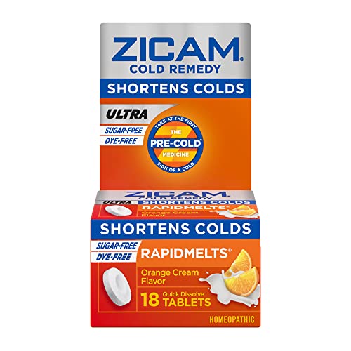 Zicam Ultra Cold Remedy Zinc Rapidmelts, Orange Cream Flavor, Homeopathic, Cold Shortening Medicine, Shortens Cold Duration, Sugar-Free, Dye-Free, 18 Count