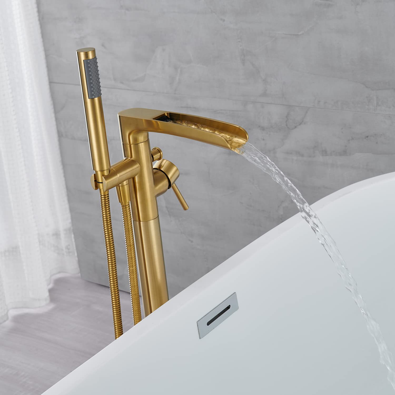 Qinkell Freestanding Tub Faucet Waterfall Bathtub Filler Brushed Gold Floor Mount Brass Bathroom Faucets with Hand Shower