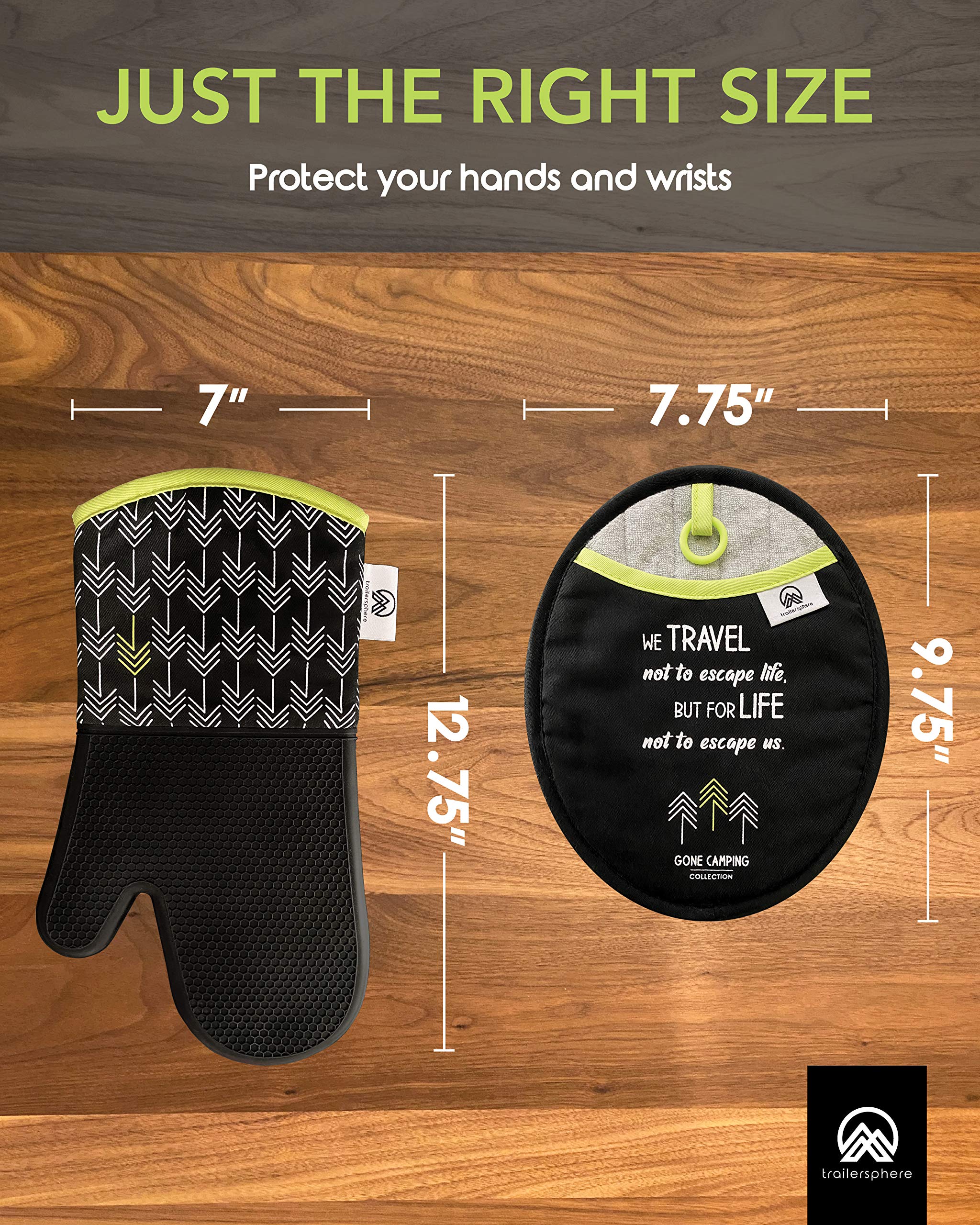 Trailersphere Silicone Oven Mitt and Pot Holder Set, Gone Camping Collection, Non-Slip Grip, Heat Resistant with Hanging Loops, Perfect for RV Kitchens and Camping, Modern and Inspirational Design