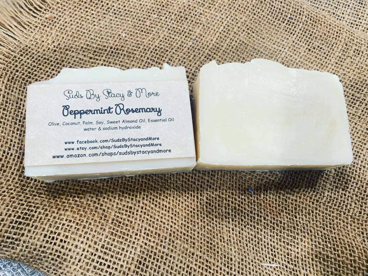 Suds By Stacy and More Peppermint Rosemary Homemade Soap Bar- Three 4.5 ounce bars