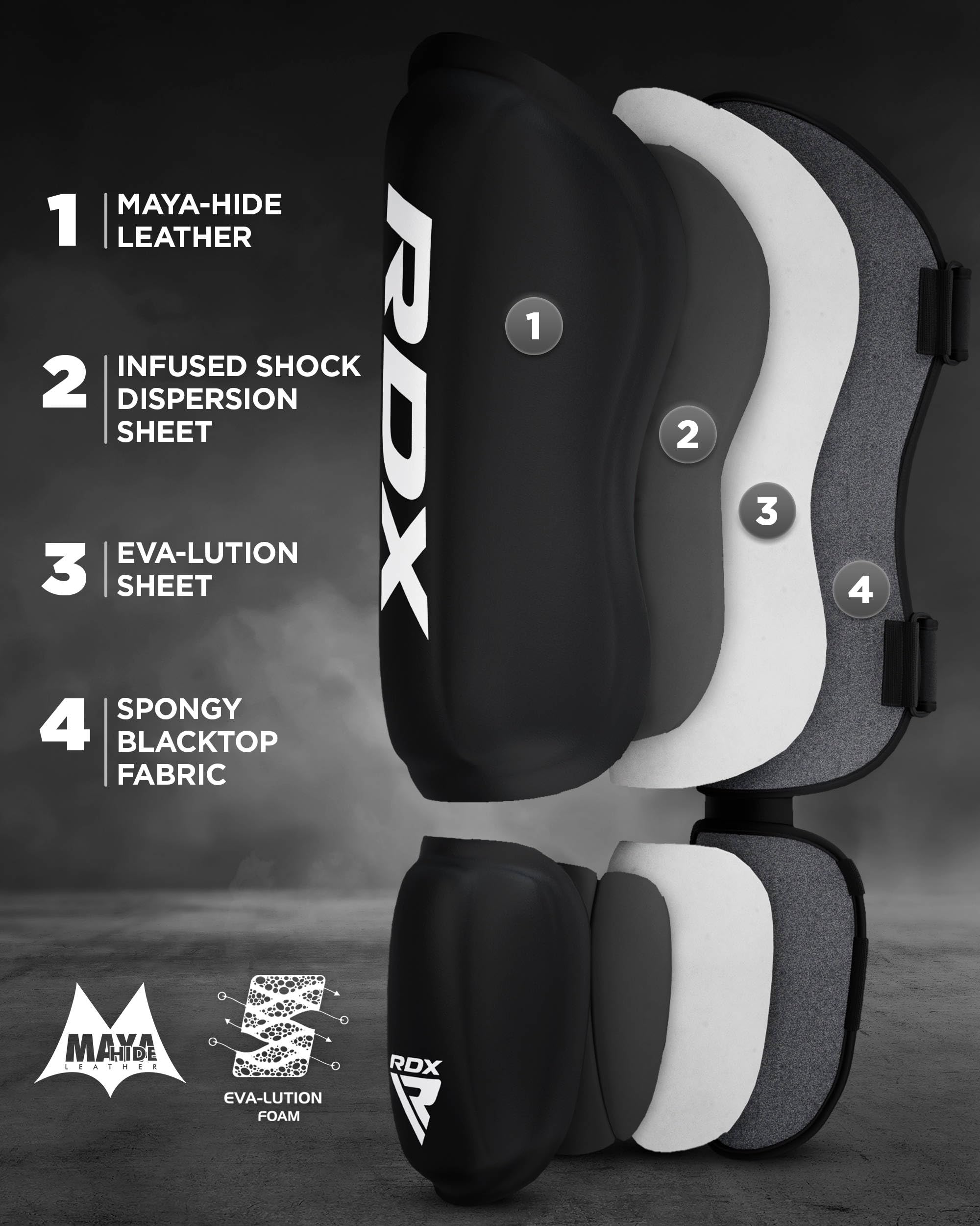 RDX Shin Guards Kickboxing Muay Thai, SATRA SMMAF Approved, Premium Maya Hide Leather, Leg Instep Protection Pads, MMA Martial Arts Kicking Sparring Training Gear, BJJ Karate Boxing Taekwondo, Black