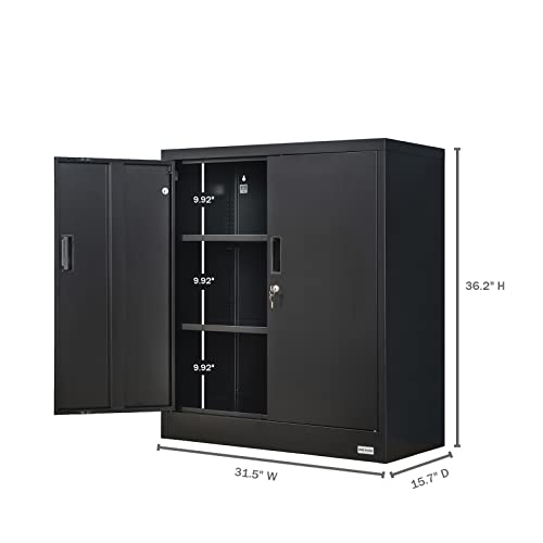 TaskStorz Metal Garage Storage Cabinets,Metal File Cabinet with 2 Adjustable Shelves, Lockable Storage Cabinets for Office, Home, Garage, Warehouse 36" H x 31.5" W x 15.7" D (Black)