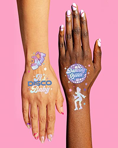 xo, Fetti Disco Birthday Party Temporary Tattoos - 48 Iridescent Foil Pcs | Birthday Girl Party Decorations, Dancing Queen, 70s Groovy Party