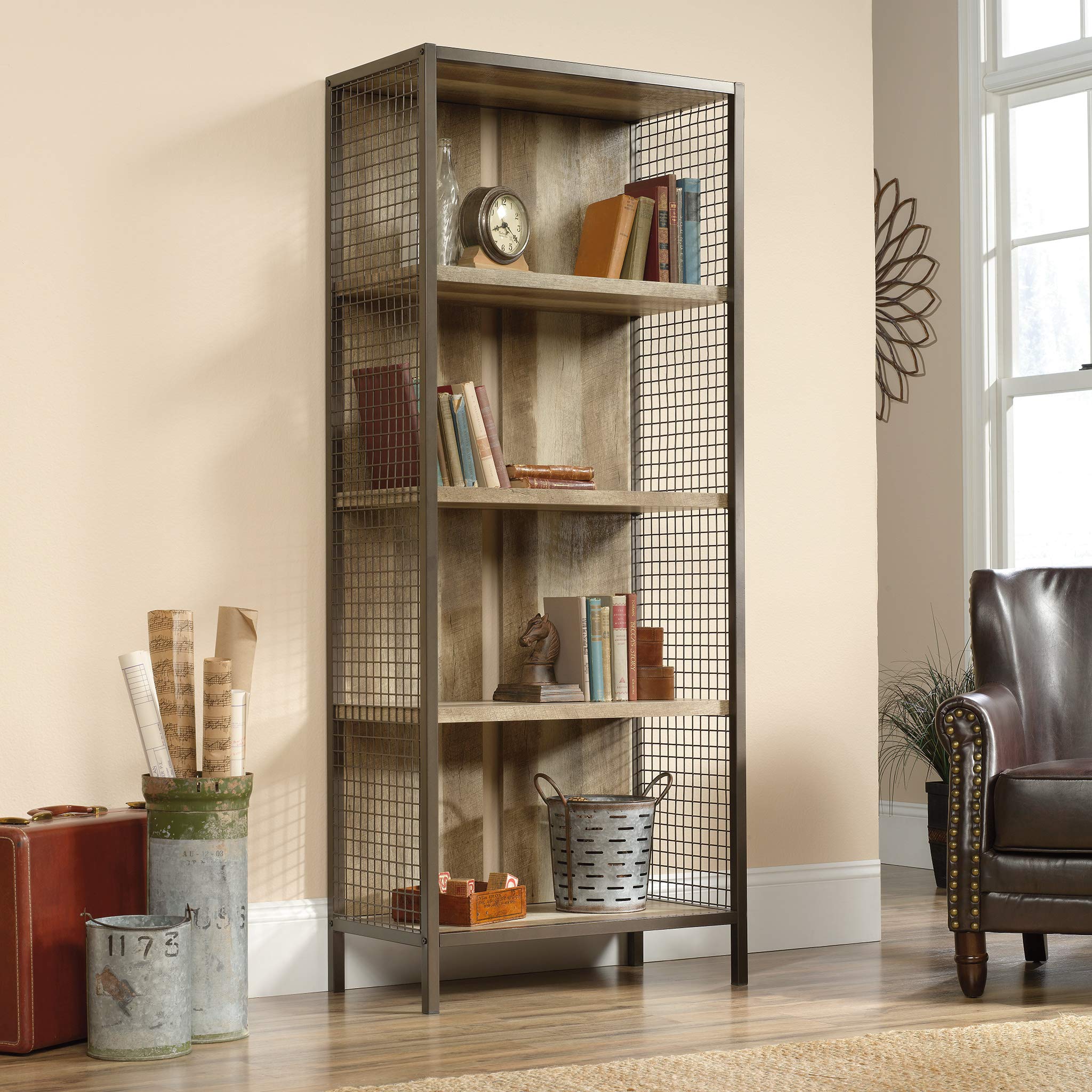 Sauder Carson Forge Tall Bookcase, L: 29.45" x W: 15.55" x H: 71.77", Lintel Oak Finish