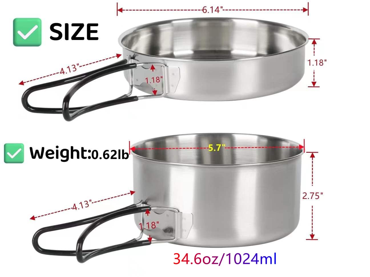 Wsaikis Stainless Steel Lunch Box Camping Cookware, Compact Mess Kit, Pot and Frying Pan with Folding Handle & Portable Mesh Bag Cooking Set for Picnic,Camping,Hiking