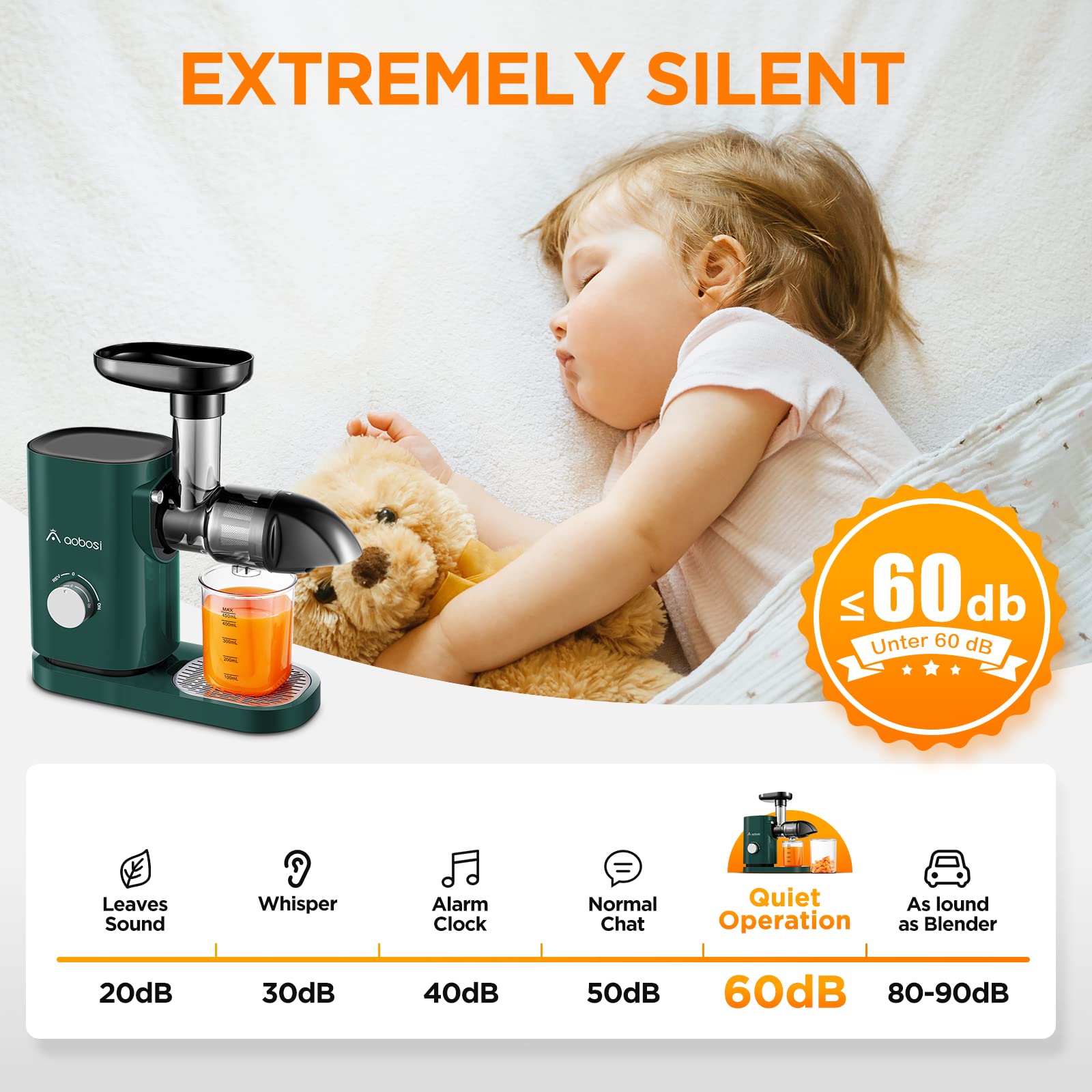 Slow Masticating Juicer, AAOBOSI Juicer Machines with Quiet Motor/Reverse Function/Easy to Clean Brush - Delicate Crushing Without Filtering - Cold Press Juicer for Fruit and Vegetable, Green
