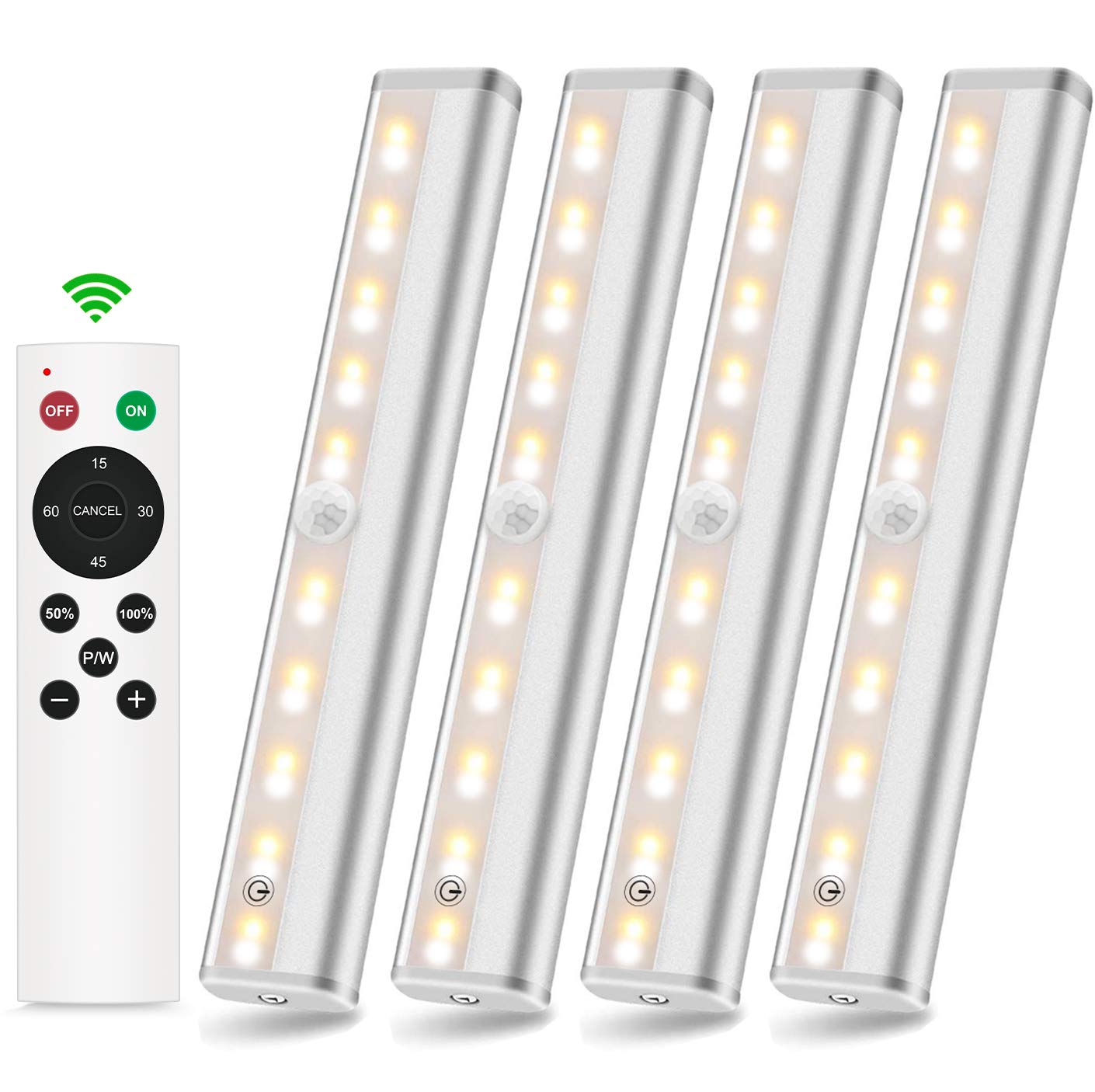 SZOKLED Under Cabinet Lights Battery Operated, Remote Control Closet Light 20-LED, Wireless Counter Lighting, Stick on Touch Night Light for Kitchen Hallway Stairs, Timing & Dimmable, 4 Pack