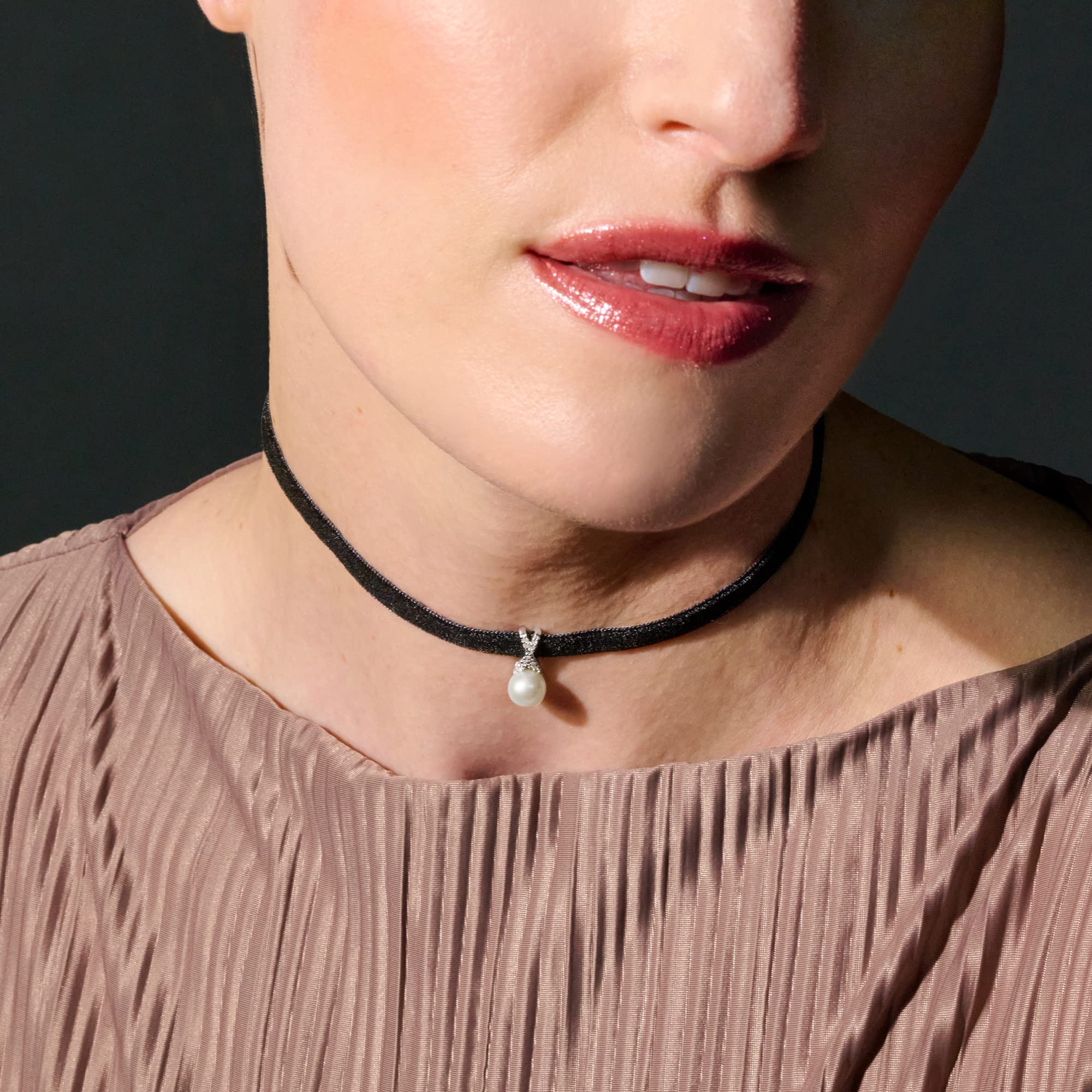 Ross-Simons 7-7.5mm Cultured Pearl and Diamond-Accented Pendant Choker Necklace With Sterling Silver and Black Velvet Cord. 13 inches