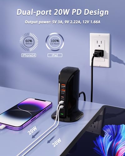VPSUN USB C Charger Tower 55W, USB Charging Station 5 Port USB Block for iPhone 15/14/13/12, iPad, Samsung Galaxy, Google Pixel,HTC, and Multiple Devices 5V