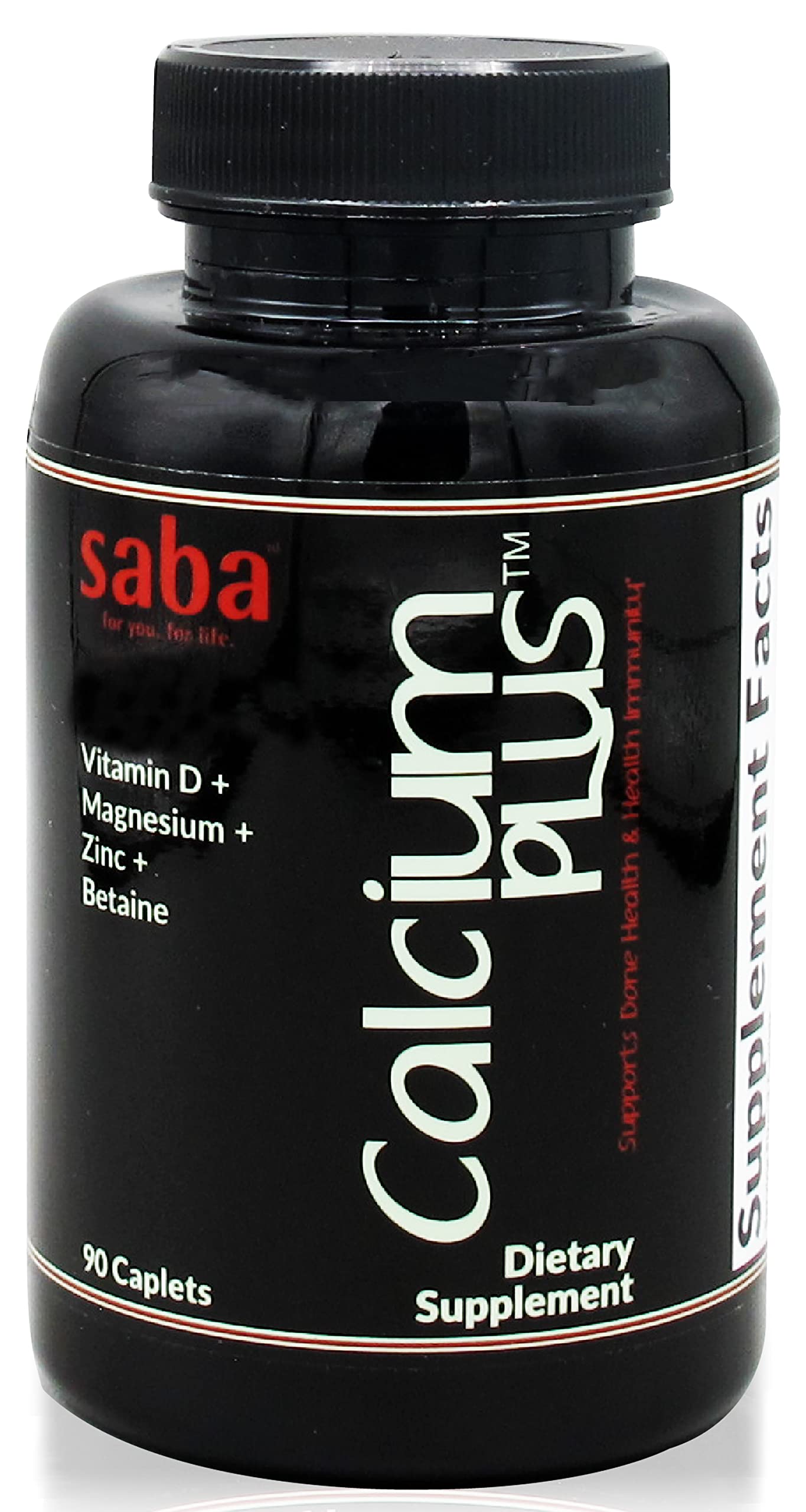 Saba Calcium Plus - Bone Strength - Calcium, Magnesium, Potassium, Vitamin D, Zinc, Betaine - GMO, Soy, Gluten Free Ingredients - Whole Food Supplement for Bone Health, Immune - 90 Caplets