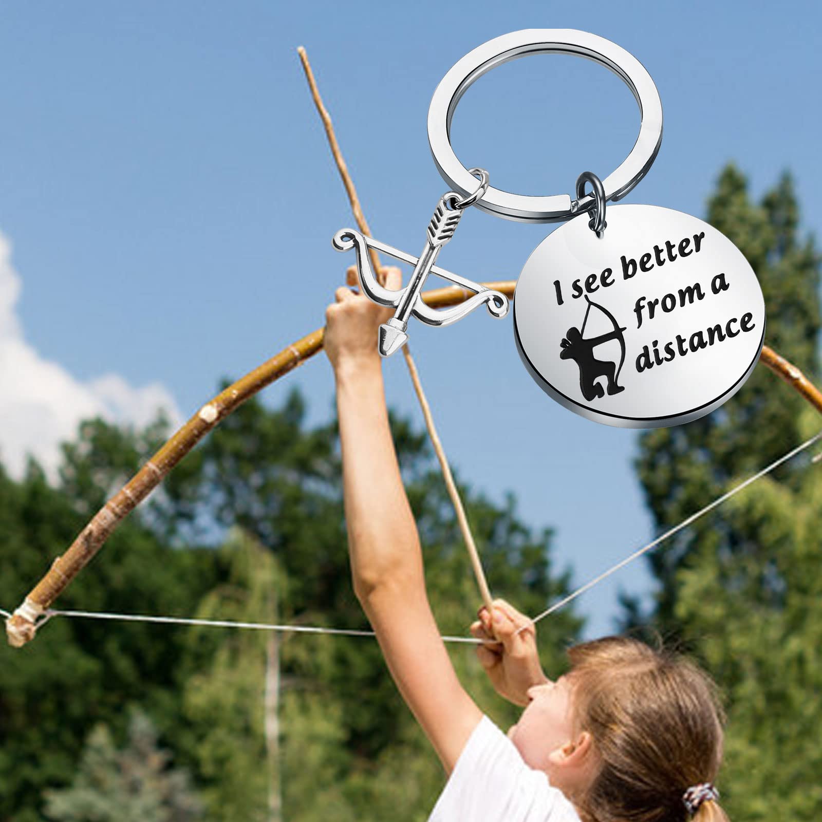 WSNANG Archer Keychain Archery Lover Gift I See Better From a Distance Bow And Arrow Keyring Archery Sport Player Gifts for Archery Team (SILVER)