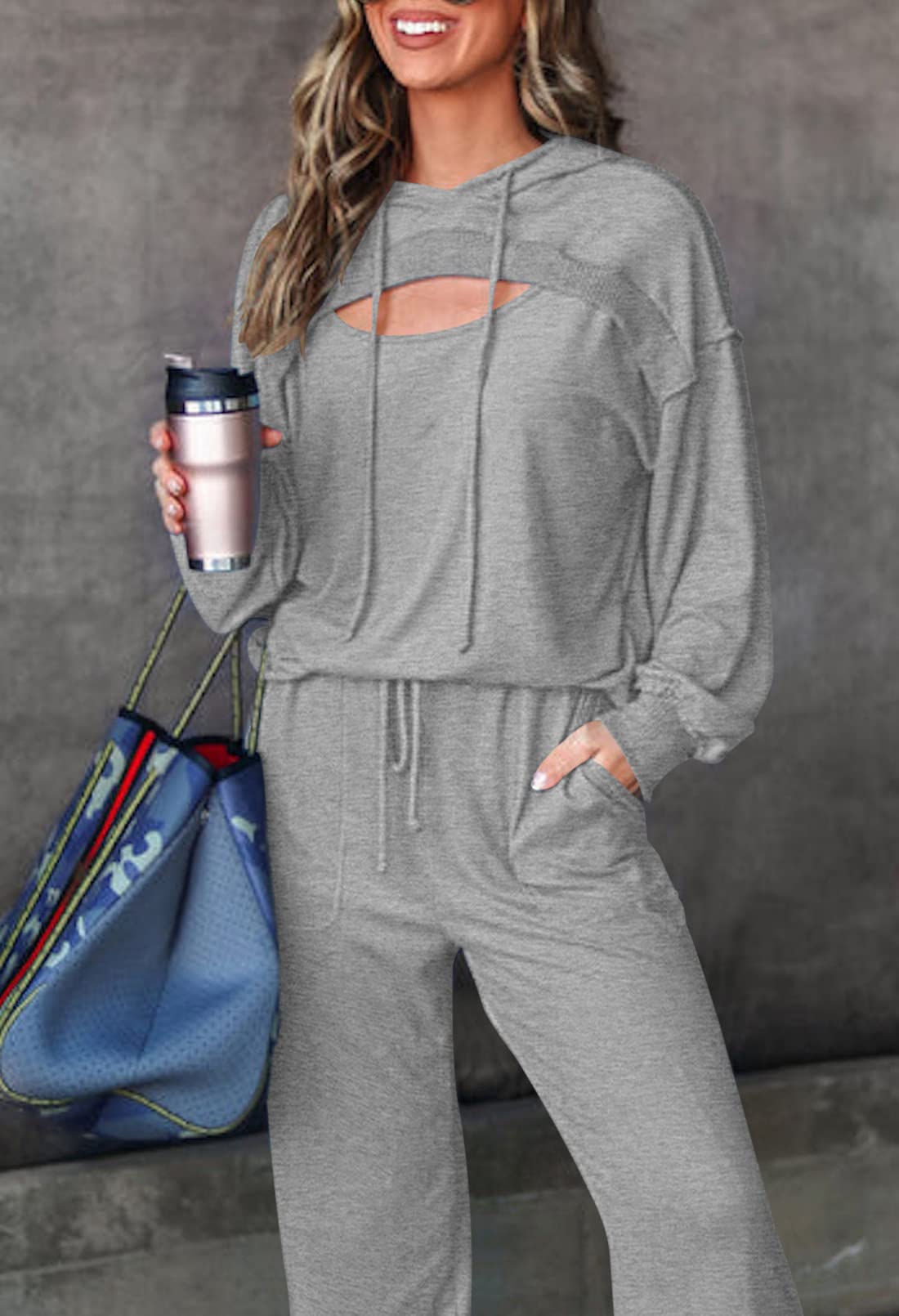 Pink Queen Women's Two Piece Lounge Set Sweatsuits Casual Fall Cutout Pullover Hoodies Tracksuit Ladies Running Active Drawstring Pants With Pockets Light Grey L