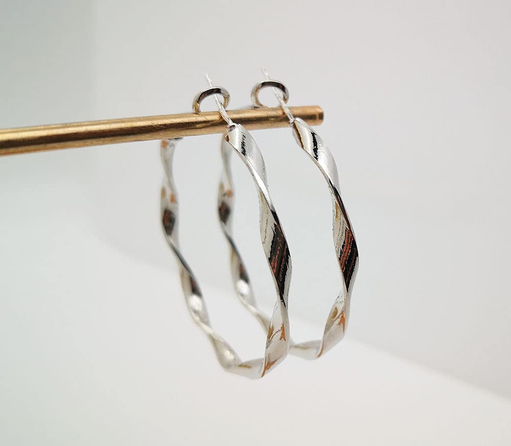 Twisted Open Hoop Earrings Lightweight High Polished Round Earrings with 925 Sterling Silver Post For Ladies As Gift