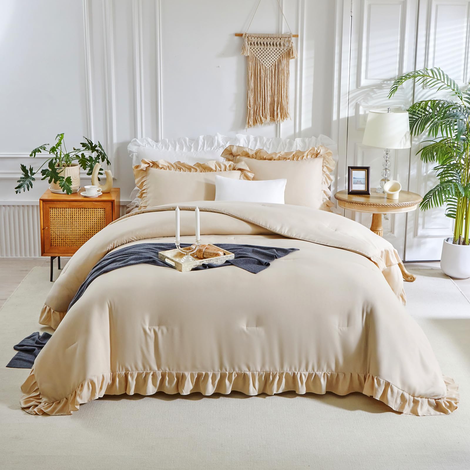 Pink Tassels Comforter Set King Size 102"x90" 3 Pieces Fringe Pink Tassel Boho Bedding Set Lightweight Soft Microfiber Shabby Chic Bohemian Style for Summer