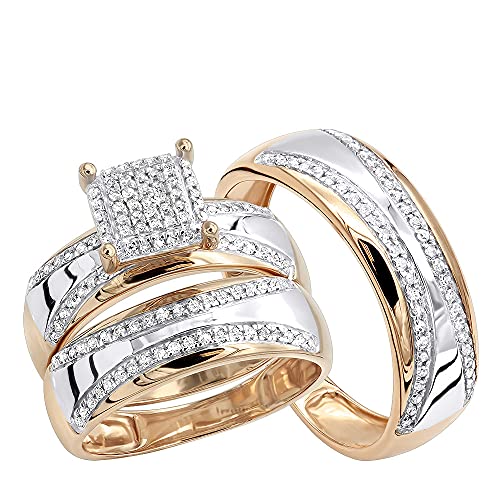 Two Tone 14K Rose Gold Plated 925 Wedding Band & Engagement Trio Ring Set 1.00CTW Round D/VVS1 Diamonds In Square Bridal Set427