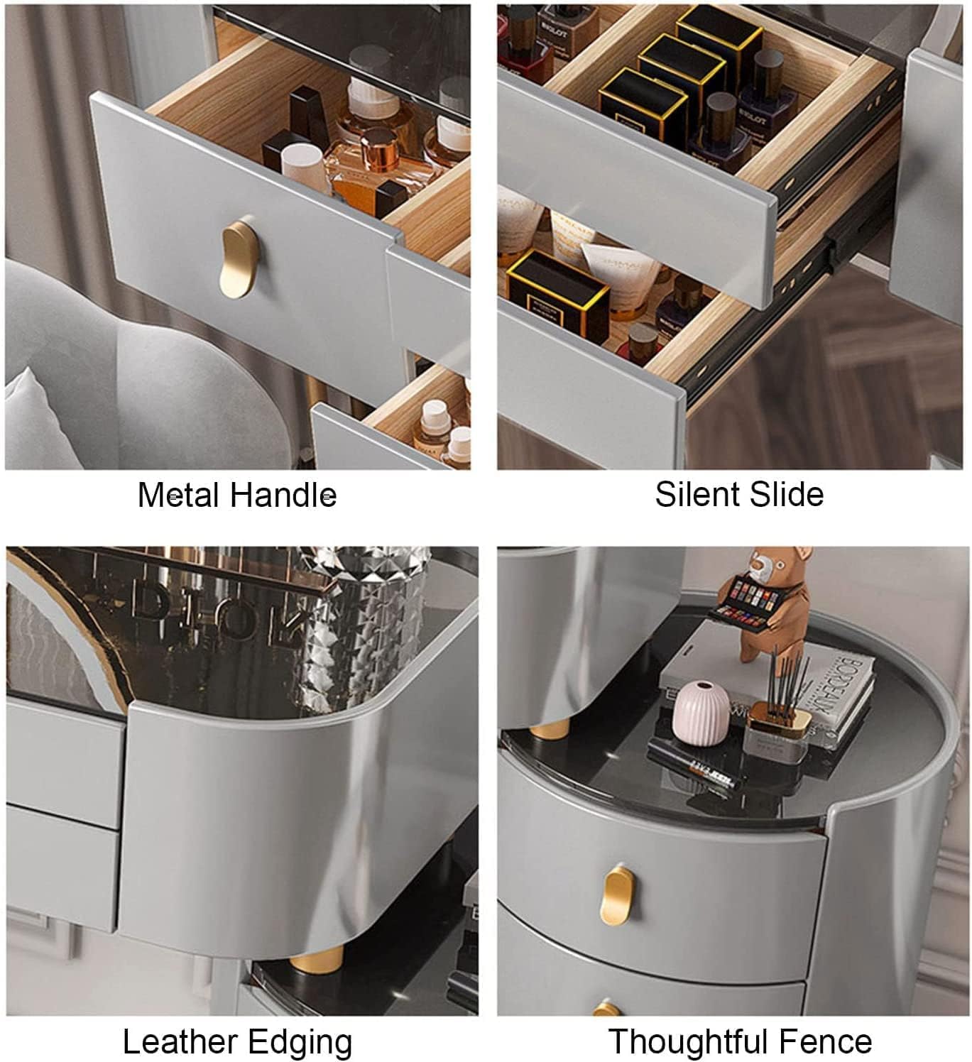 SAAKO Gorgeous Vanities Vanity Desk with Led Mirror Dressing Table Glass Top Nightstand with Makeup Chair Makeup Vanity 3 Drawers Vanity Table Set Elegant Design