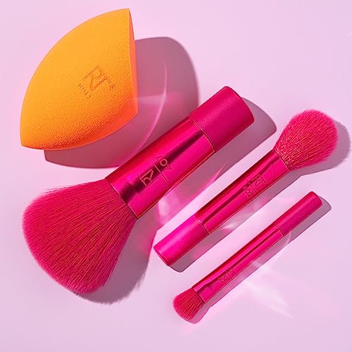 Real Techniques Limited Edition Mini Holidaze Brush + Sponge Kit, Makeup Brush & Makeup Blending Sponge Set, For Foundation, Powder, & Eyeshadow, Travel Makeup Tools, 4 Piece Gift Set