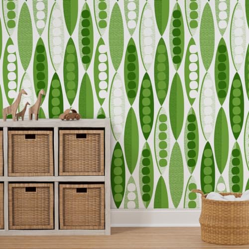 Spoonflower Peel & Stick Wallpaper 9ft x 2ft - Pod Mod Modern Green Mid Century Vegetable Custom Removable Wallpaper