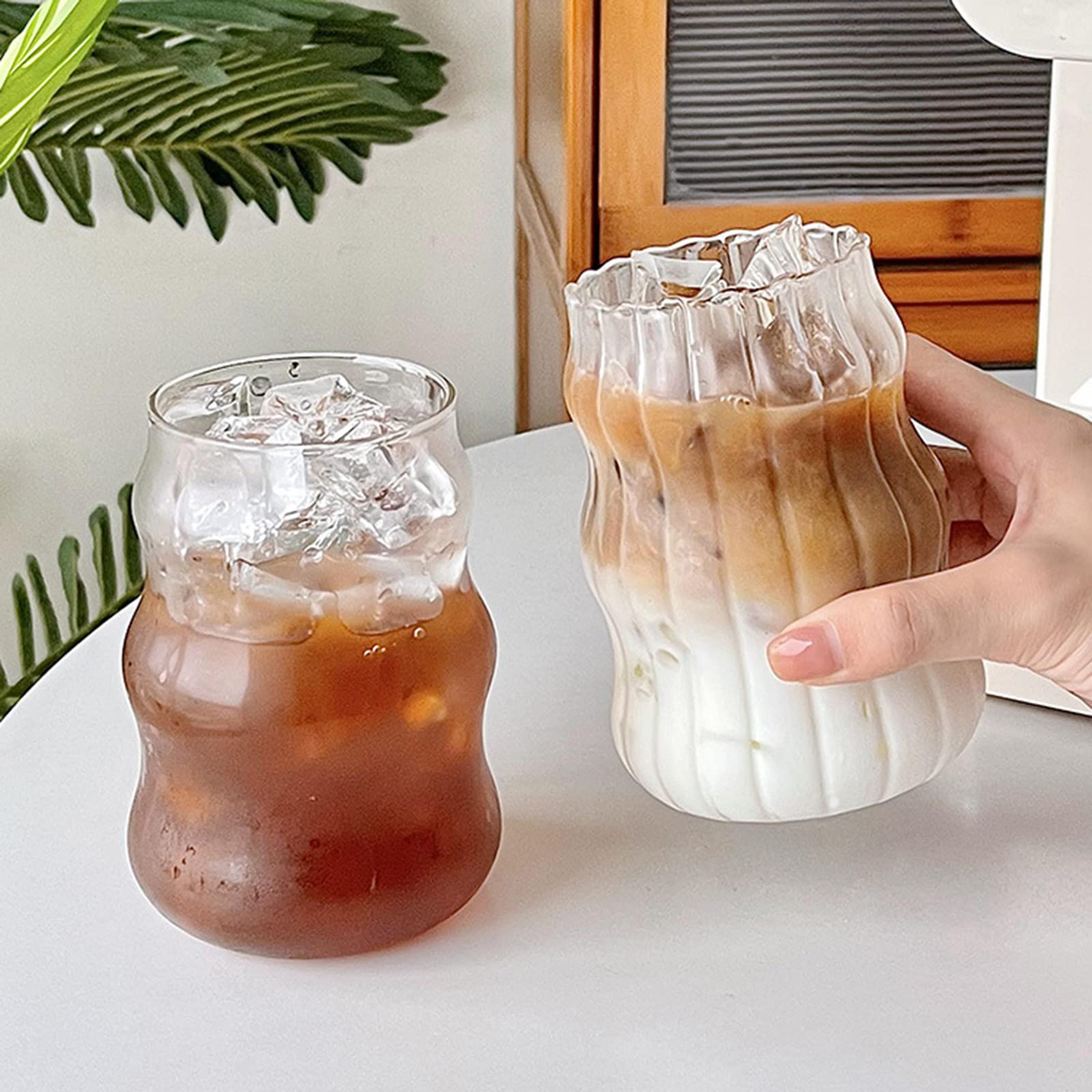 URMAGIC 2 Pcs Vintage Drinking Glasses,18 Oz Ripple Glass Cups,Gourd Shape Iced Coffee Glasses,Wave Shape Glasses,Ribbed Glassware for Juice,Beer,Beverage,Water,Dessert Ice Cream Cups (A)