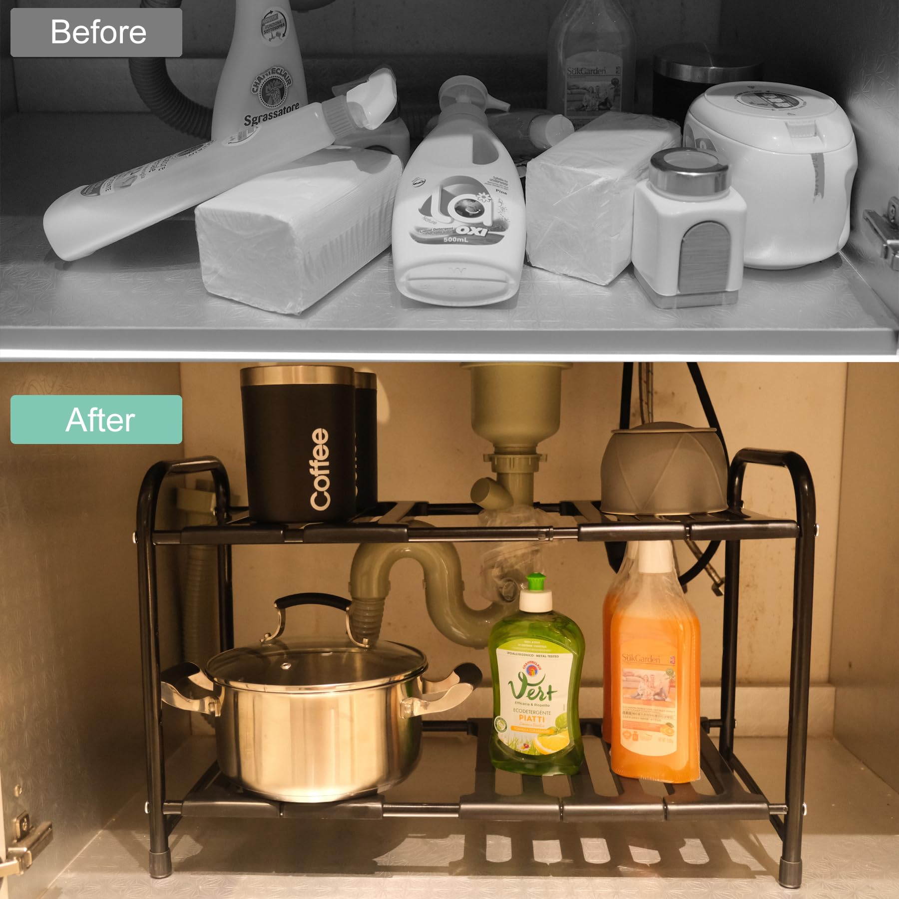 Under Sink Organizers and Storage, Expandable Metal 2 Tier Cabinet Shelf Storage Rack With 10 Detachable Panels for Kitchen Bathroom