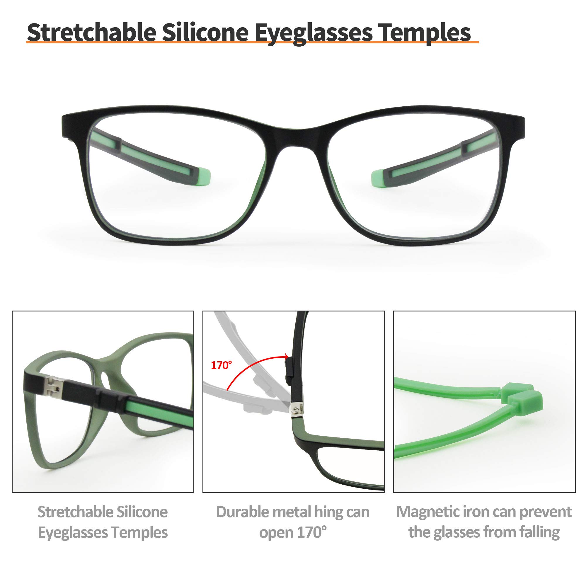 TYKEVO Kids Blue Light Blocking Glasses, Stretchable Silicone Eyeglasses Temples, Anti Eyestrain Computer Gaming Phone Glasses for Boys Girls Age 3-13 (Green)