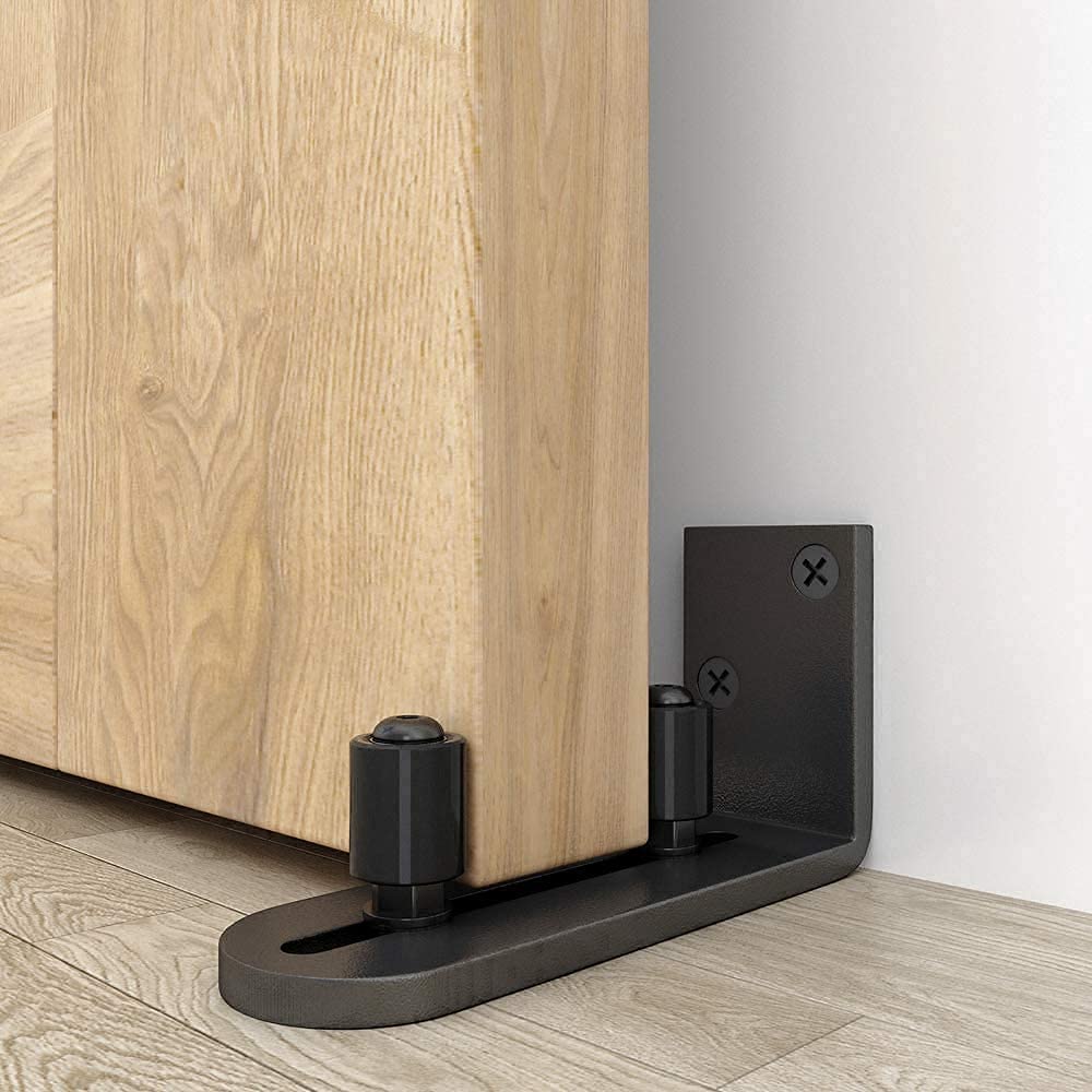 WINSOON 7.5FT Sliding Barn Wood Door Hardware for Double Doors Black Surface with Floor Guides Adjustable Stay Roller Hardware Kit