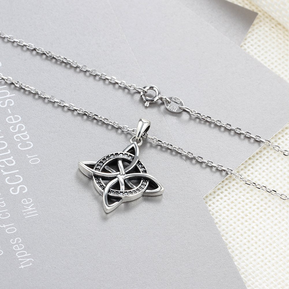SQKXKLCZ 925 Sterling Silver Celtic Four Corner Knot Good Luck Pendant Necklace, Rolo Chain 18"