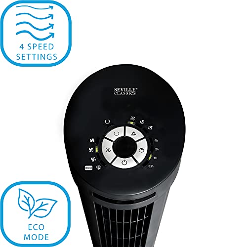 Seville Classics UltraSlimline Indoor Bladeless Oscillating Tower Fan Quiet Cooling LED Display Space-Saving for Home w/Remote and 7.5H Timer, Black, 40" 4-speed (75 degrees)