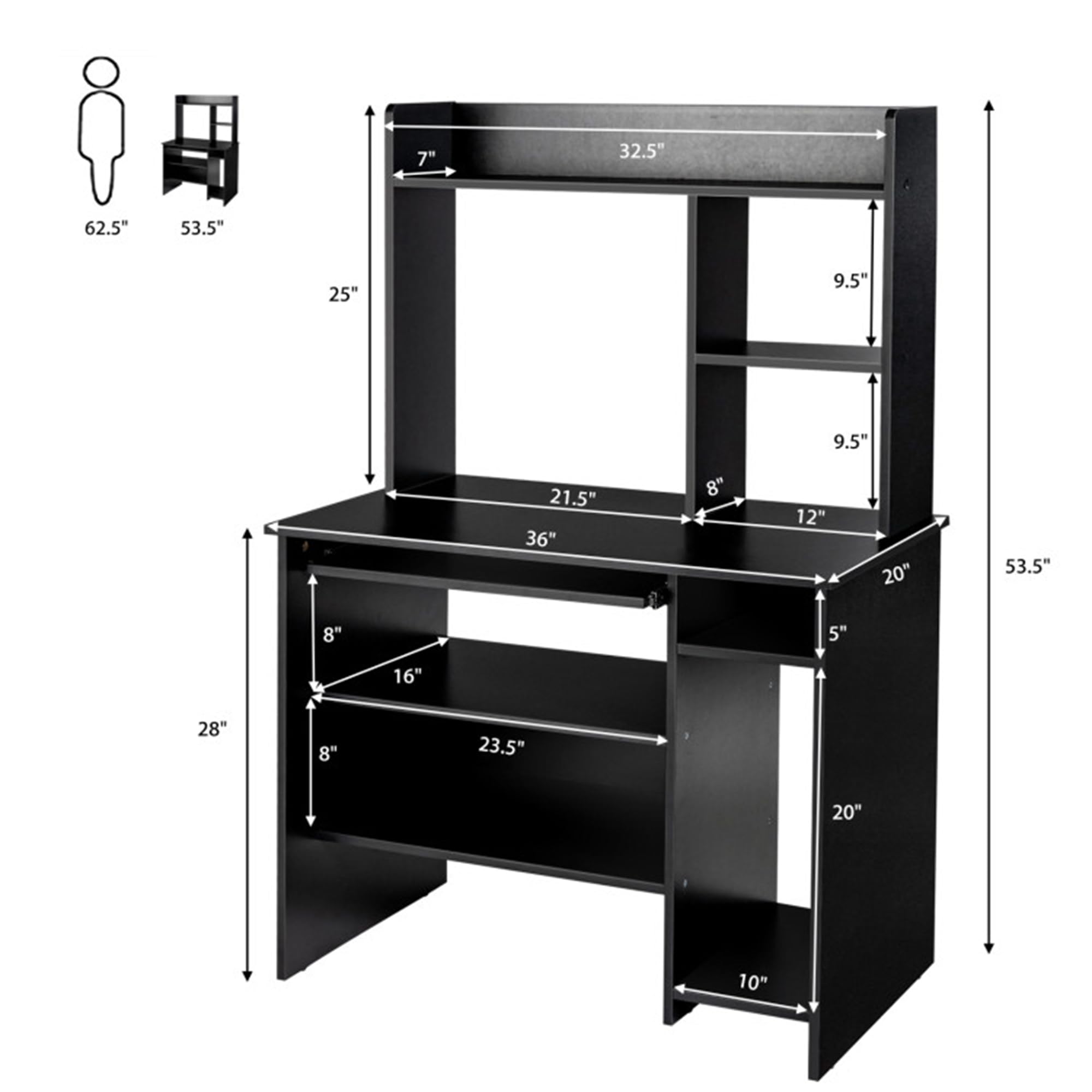 TUOCHUFUN Multipurpose Home Office Computer Writing Desk, Home Office Computer Desk with Bookcase Keyboard Tray and CPU Stand (Black)