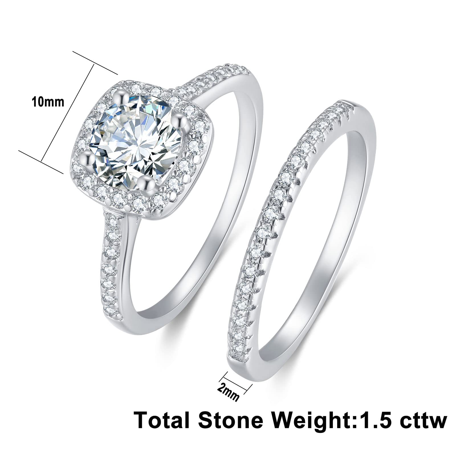ZENBOTUNG 1.5 Carat Wedding Engagement Bridal Ring Sets for Women White Gold AAAAA Cz Eternity Rings Round Size 6