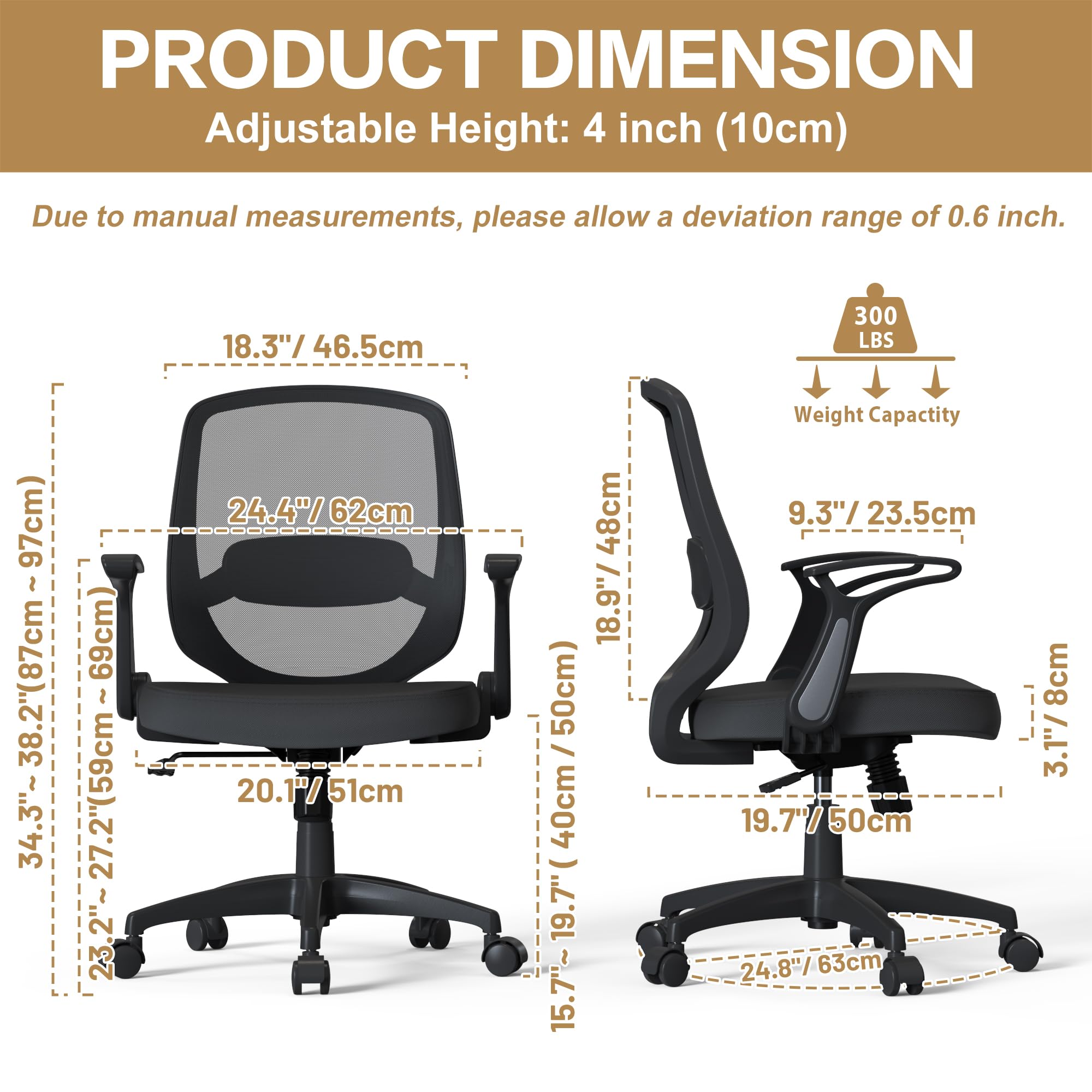 Qoroos Mesh Office Chair Ergonomic Mid Back Swivel Black Mesh Desk Chair Flip Up Arms with Lumbar Support Computer Chair Adjustable Height Task Chairs Grey