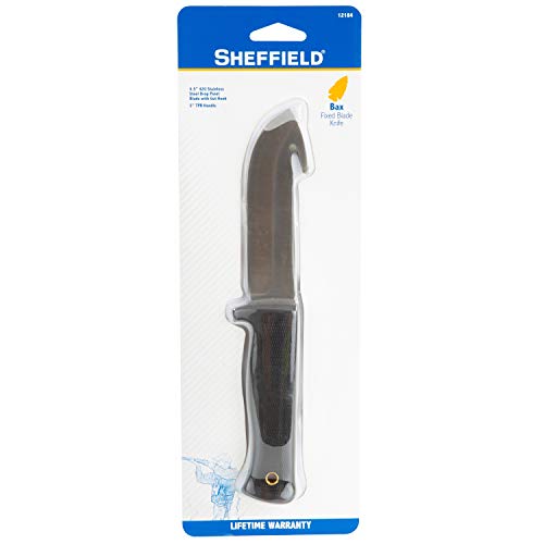 Sheffield 12184 Bax 4.5 Inch Drop Point Fixed Blade Hunting Knife with Gut Hook and Sheath, Full-Tang, Tactical Knife, Self Defense Weapon, and More