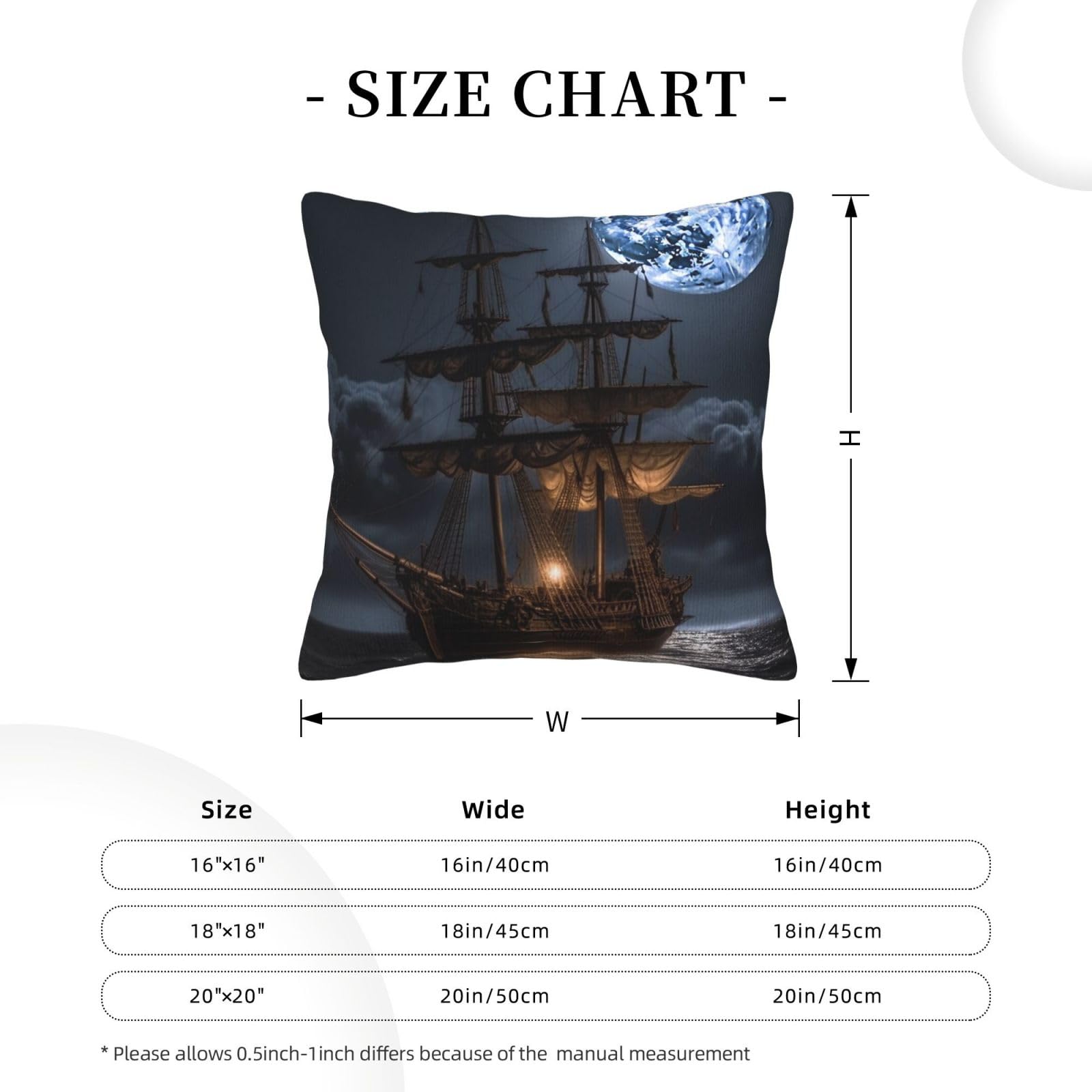 Pirate Sailboat Full Moon Print Throw Pillow Cover Corduroy Soft Pillowcase with Hidden Zipper Decorative Cushion Covers for Sofa Living Room Home Decors 16"X16"