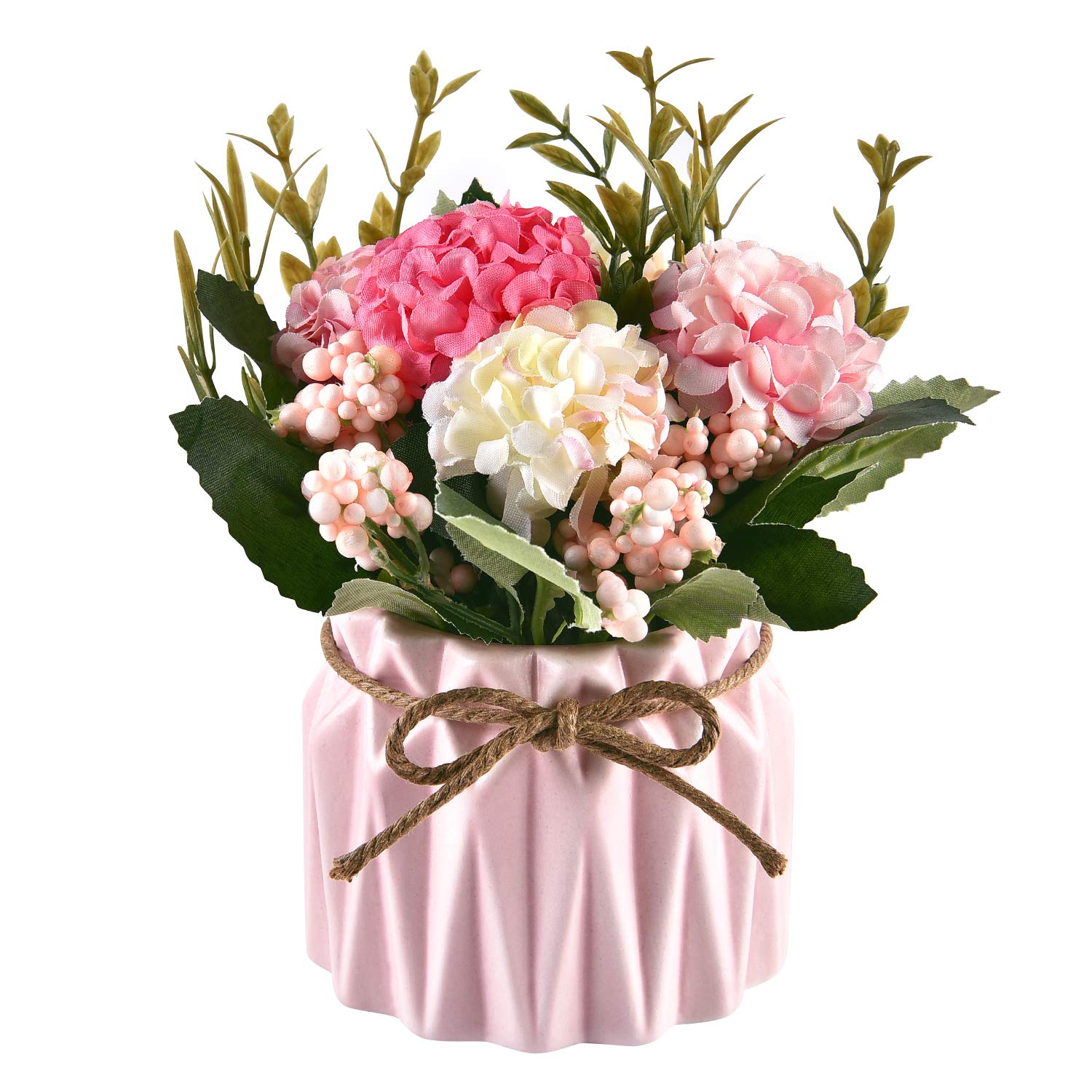 Sunm Boutique Artificial Hydrangea Bouquet with Small Ceramic Vase, Artificial Hydrangea Flower Potted Fake Variety Silk Flower Bonsai for Table Party Office Wedding Home Decor, Pink