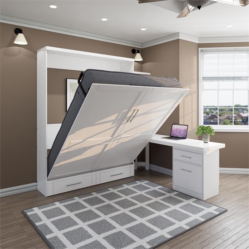 RoomAndLoft Brentwood Queen Contemporary Solid Wood Murphy Wall Bed and Shelf Storage with Side Desktop and Drawers in White